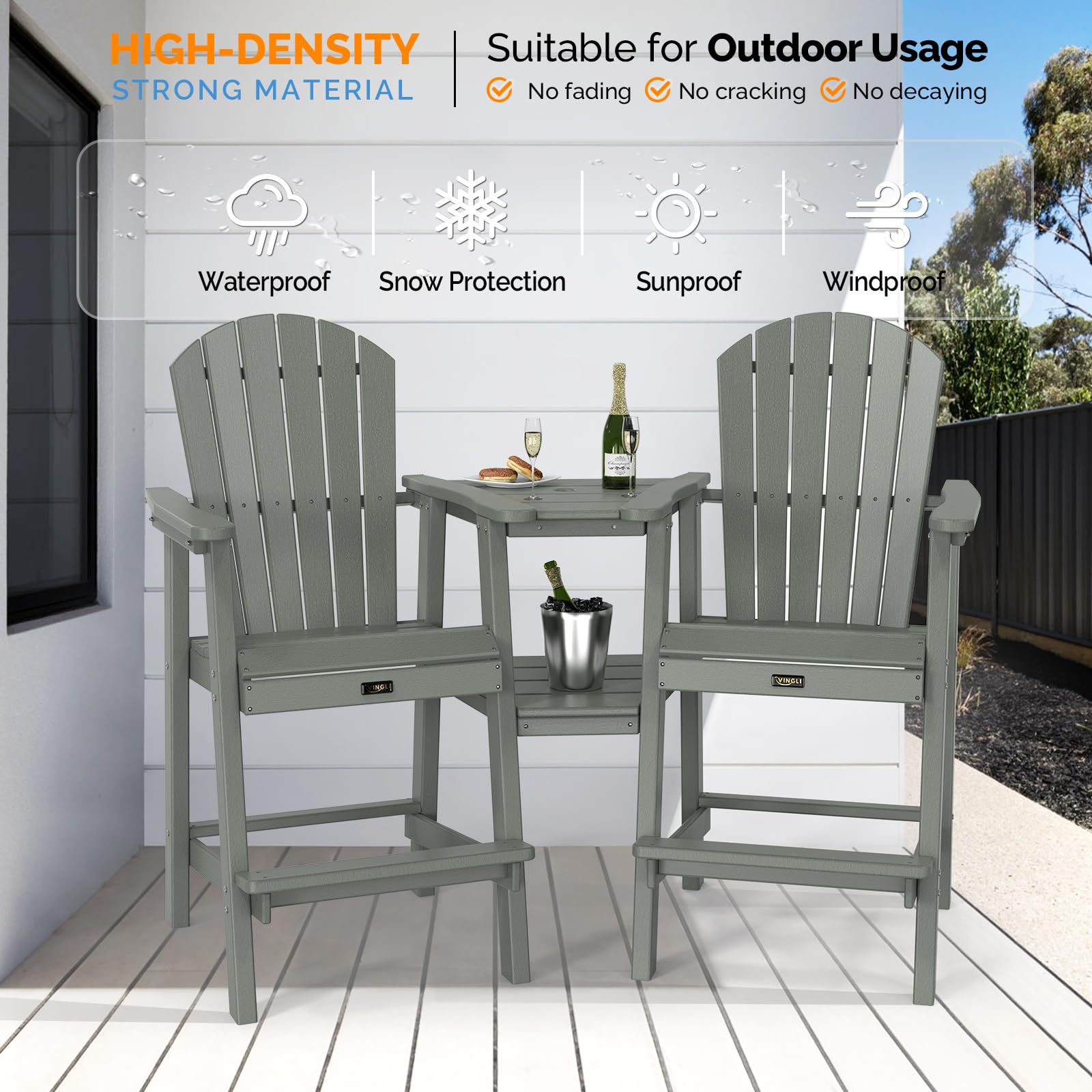 VINGLI Tall Adirondack Chairs Set of 2 with Removable Double Connecting Trays, HDPE Adirondack Bar Stools Poly Deck Chairs, 350LBS Capacity (Grey)