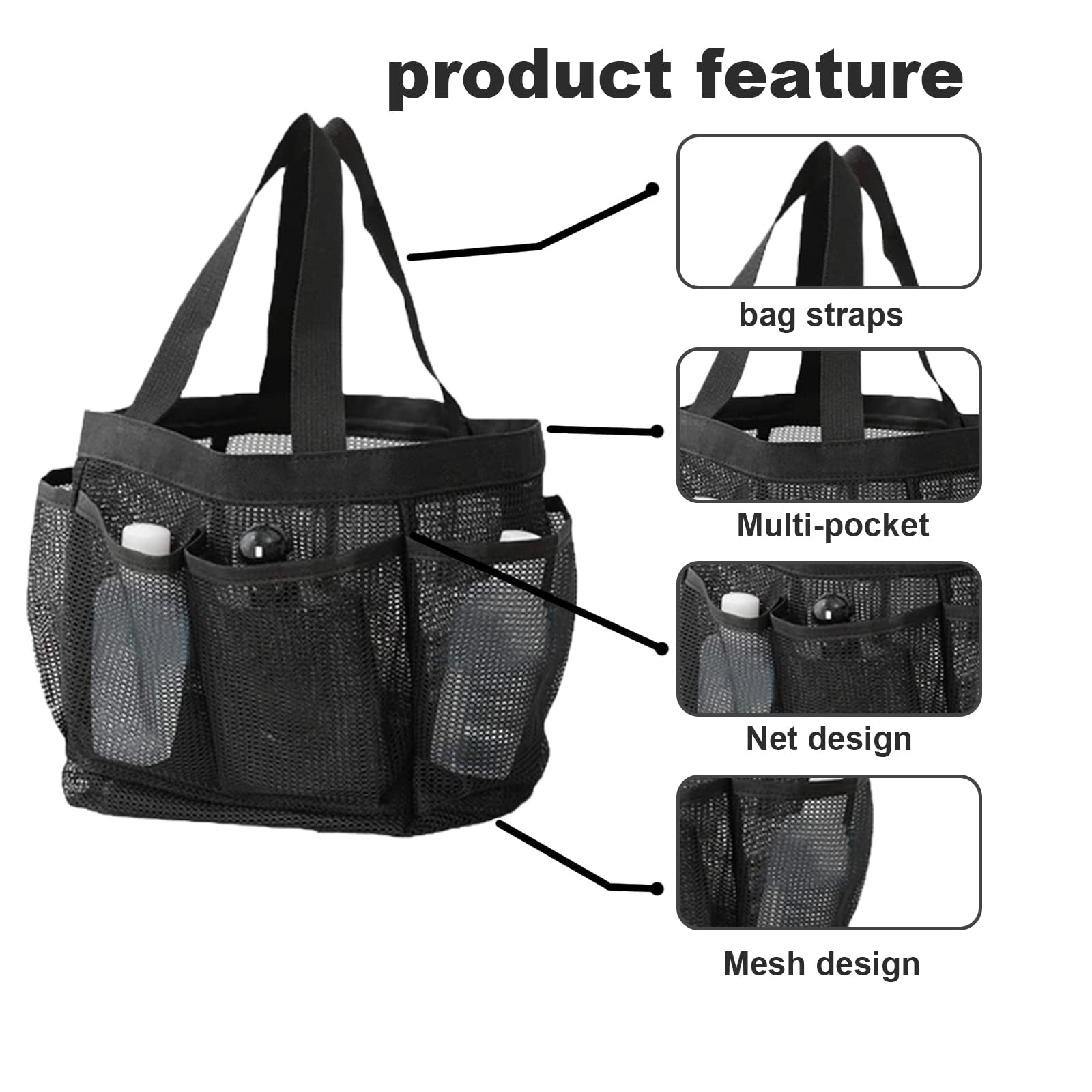 Bathroom Organizer Mesh Shower Caddy Portable Bathroom Organizer Lightweight Oxford Cloth Shower Caddy Dorm with 8-Pocket Versatile Shower Bag 22 x 22 x 22cm Black