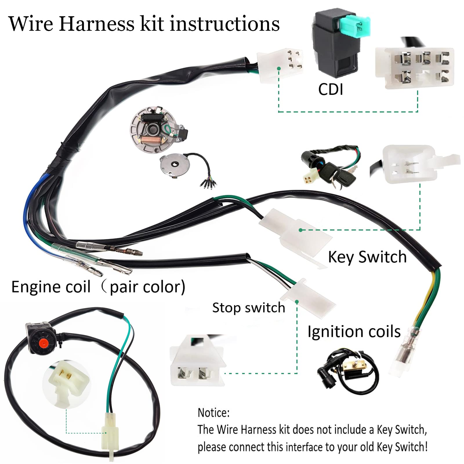 ATV Wiring Harness 110cc Chinese ATV Wiring Harness CDI Ignition Coil 2 Coil Magneto stator Plate Set for tao tao Scooter Pit Bike ATV 50cc 70cc 90cc 110cc 125cc 4 Stroke Wiring Harness