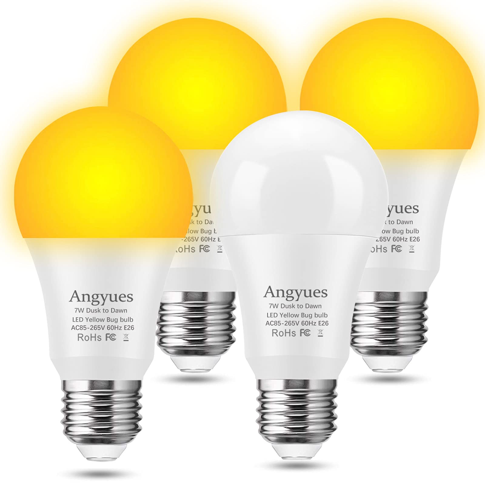 Angyues Yellow Bug Light Bulbs Outdoor, Dusk to Dawn LED Bug Light Bulbs 7W Sensor Bulb 2000K Amber Glow, E26 Automatic On/Off, Used in Corridors, Decks, Courtyards, Terraces, etc, 4 Pack