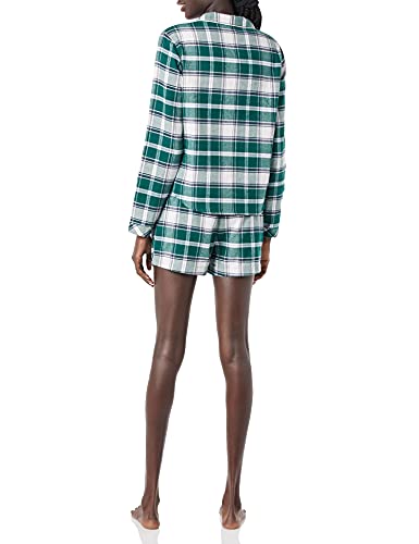 Amazon Essentials Women's Lightweight Woven Flannel Pajama Set with Shorts, Dark Green White Plaid, Medium