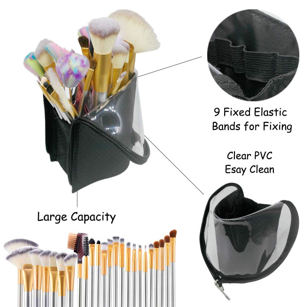 ANEMEL Black Travel Makeup Brush Holder, Organizer Bag Clear Plastic Cosmetic Zipper Pouch Portable Waterproof Dust-Free Stand-Up Small Toiletry Stationery Bag with Divider
