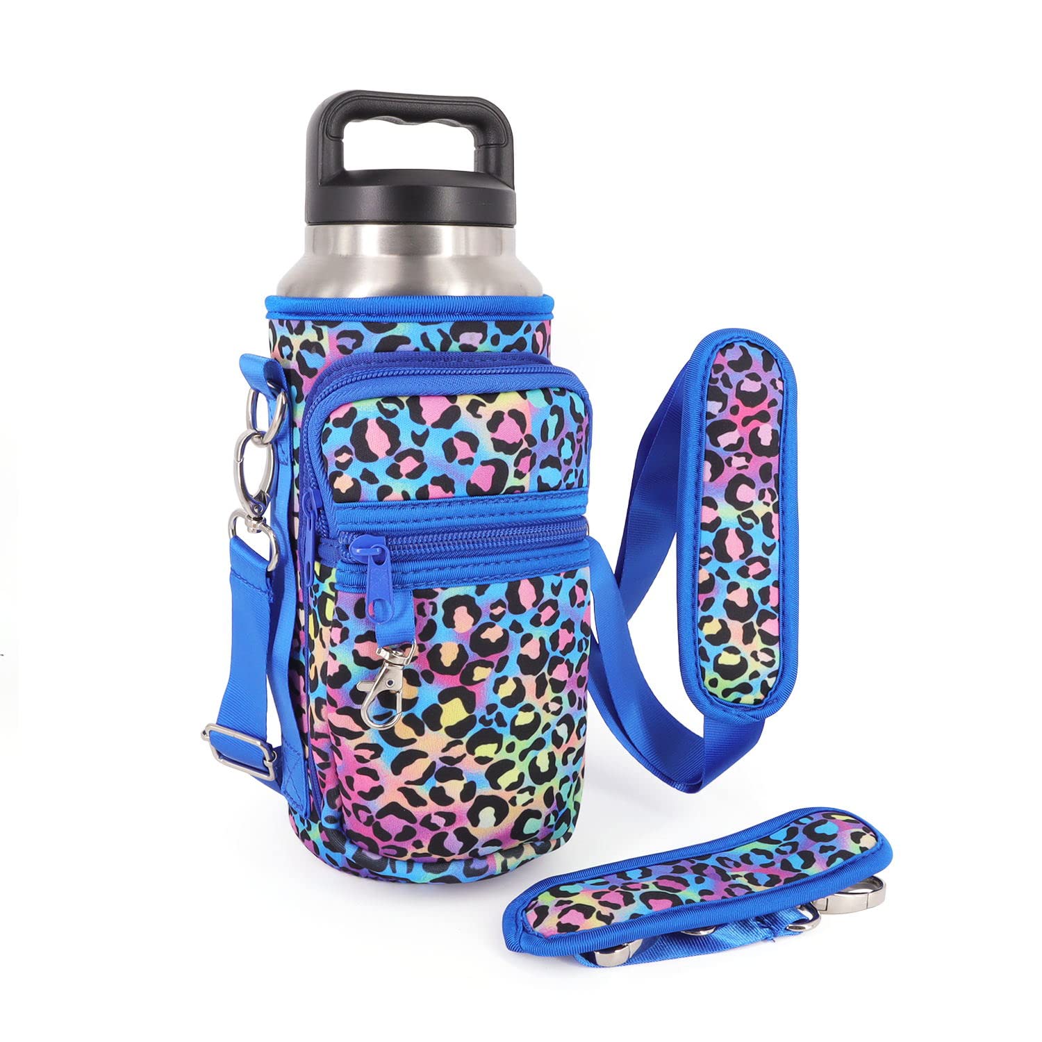 AJLTPA Water Bottle Holder with Adjustable Padded Shoulder Strap and 2 Pockets, Water Bottle Sleeve Carrier Compatible with YETI Rambler 36 oz Bottle & 40oz Hydro Flask and More (Floral Sugar Skull)