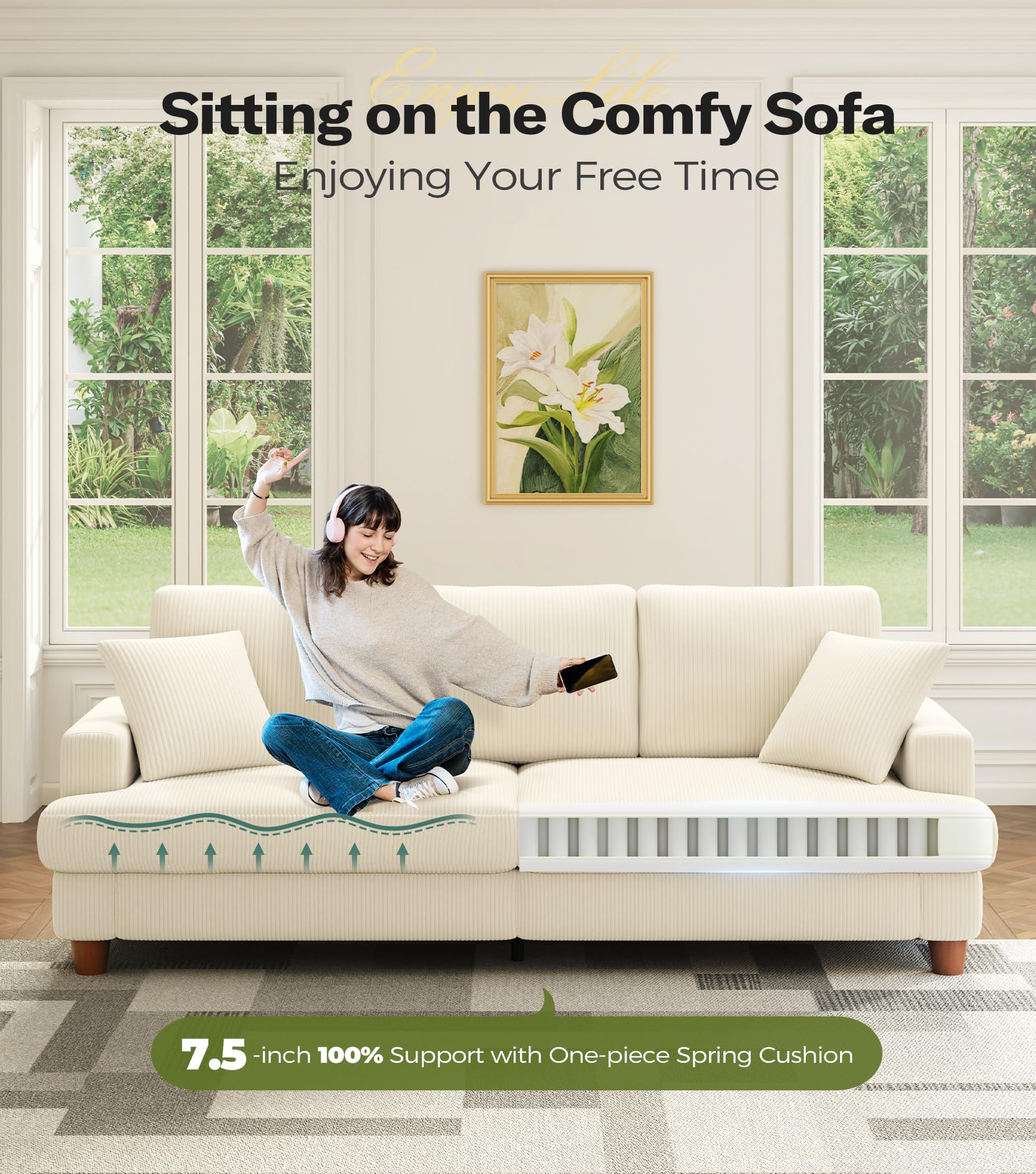 Kidirect 87in Beige White Sofa, Couches for Living Room 21in Extra Deep Seats, Comfy Corduroy Sofas for Living Room No Tool Assembly, Modern Oversized Love Seat with 2 Pillows, Sofa Couch for Bedroom