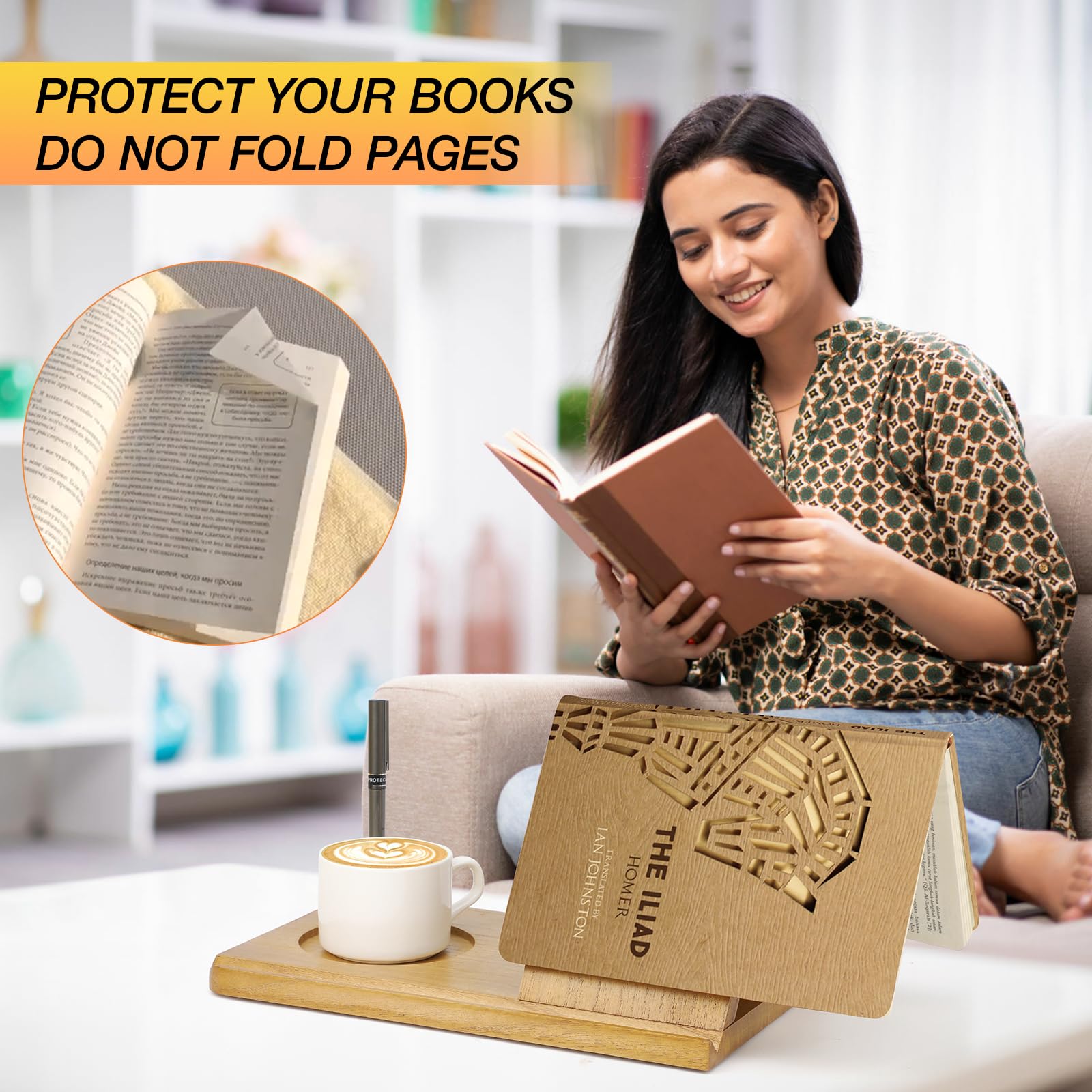 BEEUHLIL Book Holder, Triangle Small Bookshelf, Unique Book Nook Reading Valet with Cup, Glasses & Pen Holder, Wooden Mini Bookshelf, Book Lovers Gift Ideas