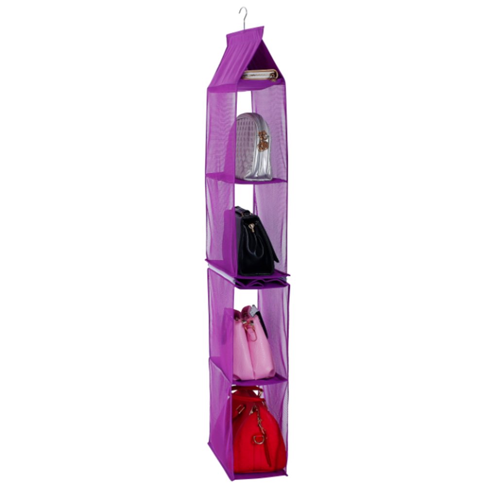 Detachable 4 Compartment Organizer Pouch Hanging Handbag Organizer Clear Purse Bag Collection Storage Holder Wardrobe Closet Space Saving Organizers System for Living Room Bedroom Home Use (Purple)