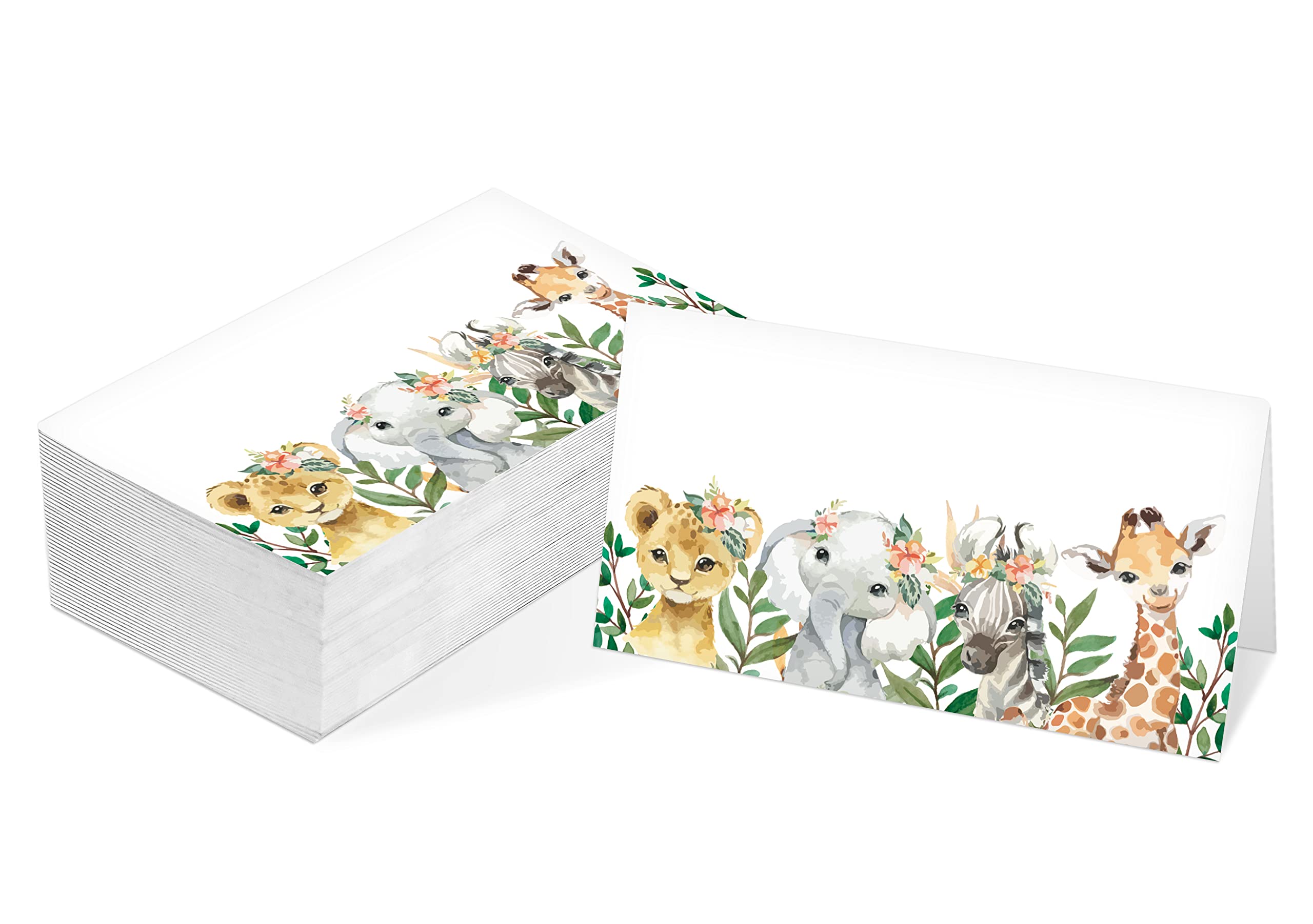 Table Place Card, Jungle Safari Animals Themed Tent Style Cards, Pack of 25 Half-Fold Reception Place Card, Wild Animal Food Labels, Perfect for Baby Shower, Birthday Party C03