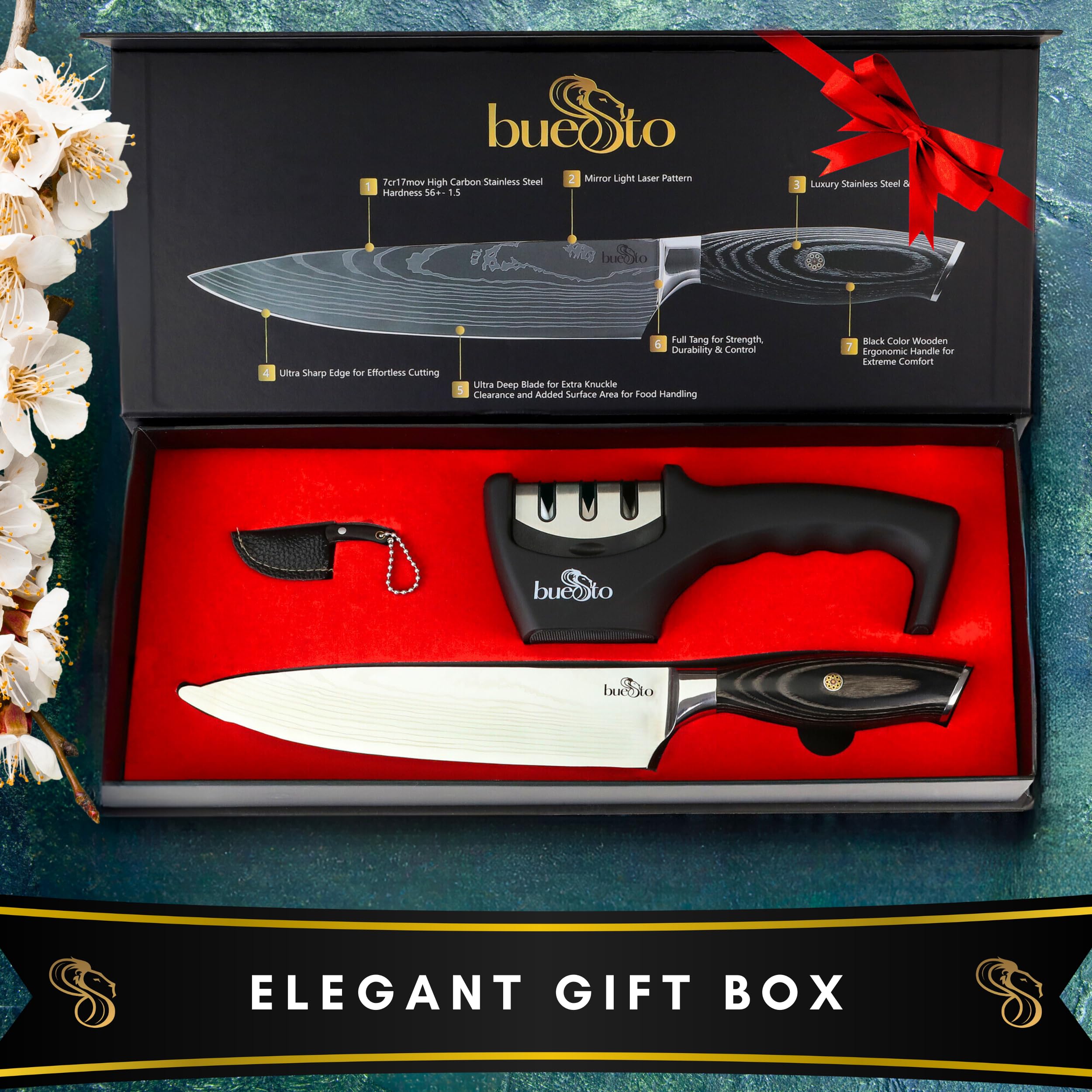 BUESTO Professional Chef Knife - 7cr17mov HC Japanese Knife - 8'' Kitchen Knife - Chefs Knife with Knife Sharpener - Ergonomic Handle Sharp Knife - Unique Gifts for Men and Women - Premium Gift Box