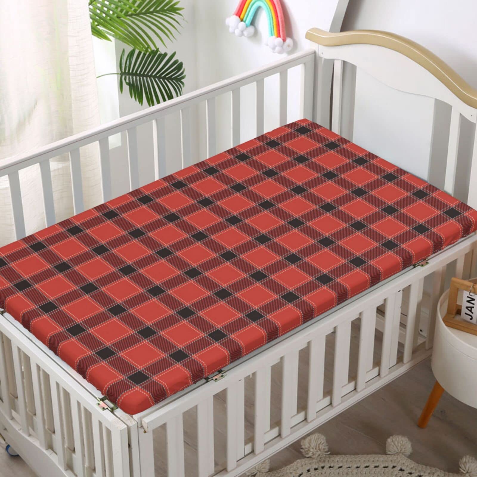 Buffalo Plaid Themed Fitted Mini Crib Sheets,Portable Mini Crib Sheets Soft and Breathable Bed Sheets-Baby Crib Sheets for Girl or Boy, 24β x38β,Charcoal Grey and Vermilion