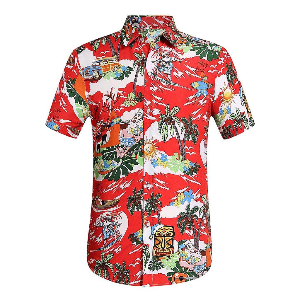 YOMXL Men's Hawaiian Top Summer Tropical Printed Button Down Shirt Casual Standard-Fit T-Shirt Short Sleeve Red