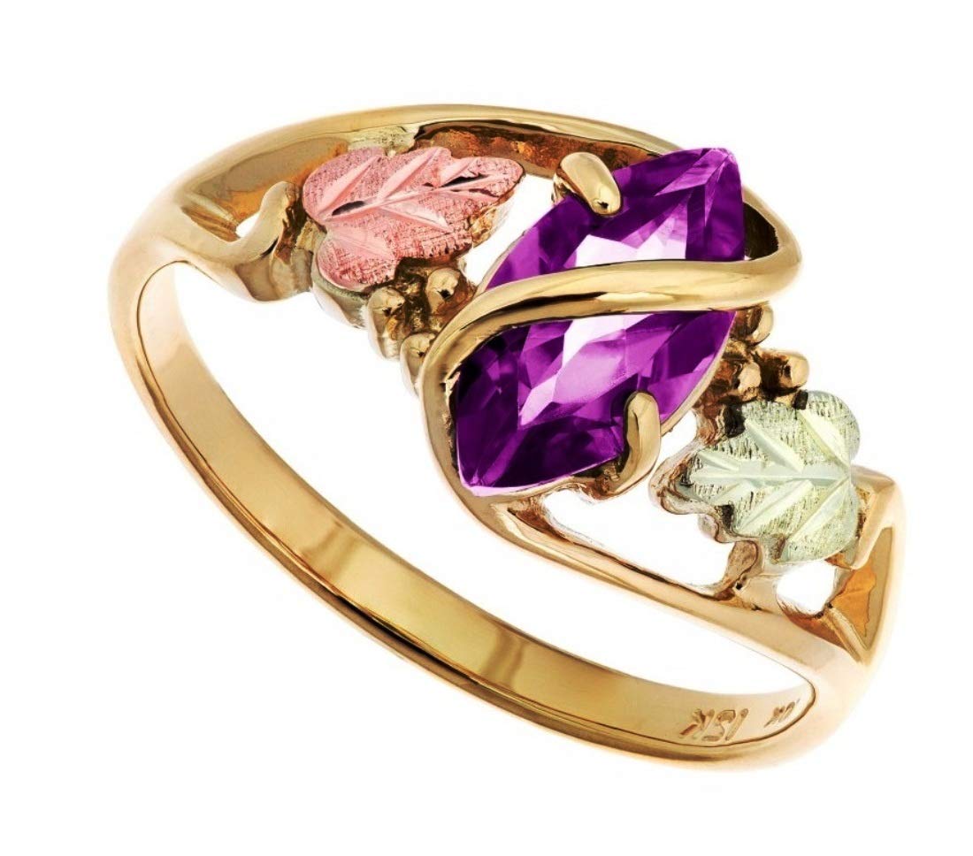 Amethyst Marquise Petite Leaf Ring, 10k Yellow Gold, 12k Green and Rose Gold Black Hills Gold Motif, Size 10.75