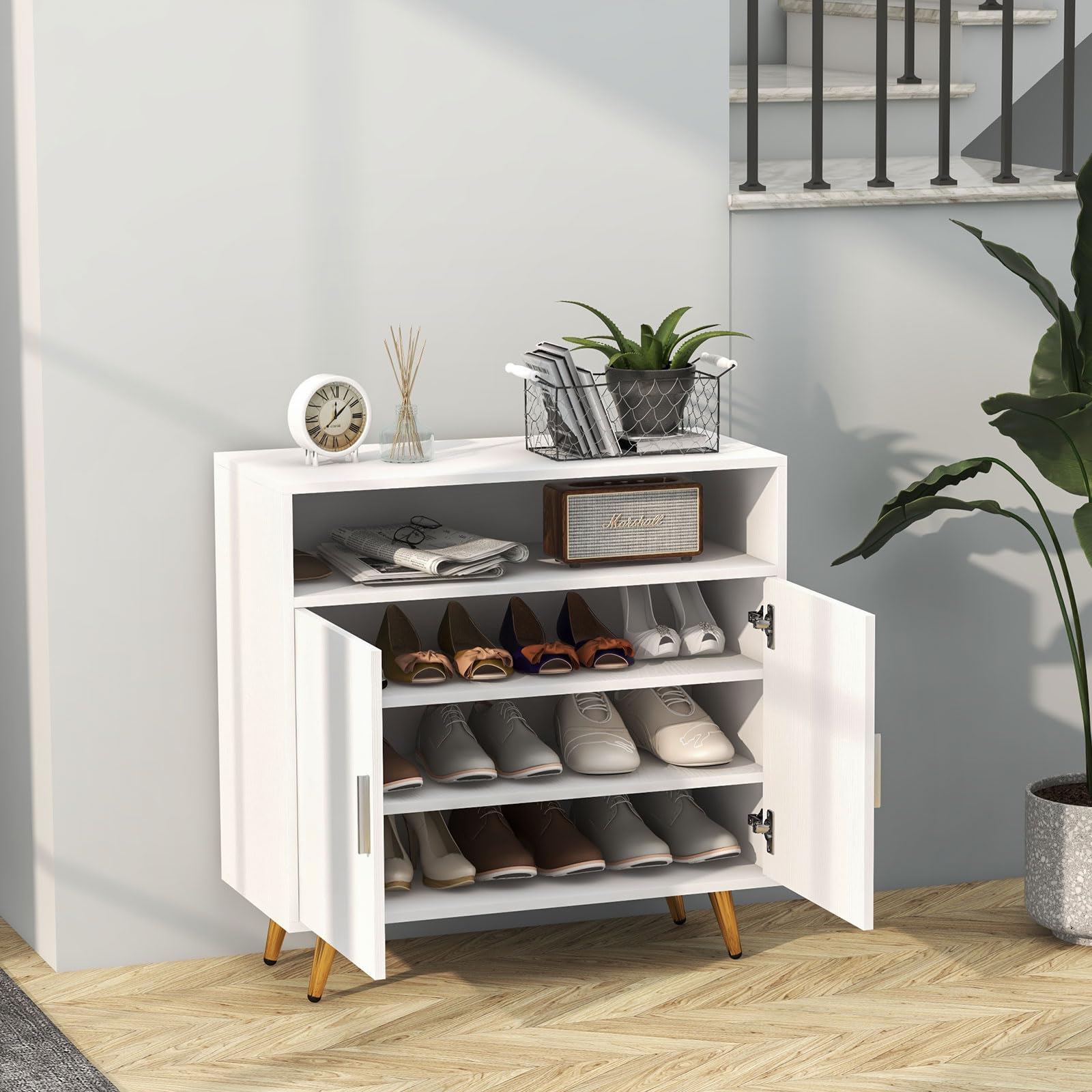 Bonzy Home 4-Tier Storage Cabinet with Sensor Light, Shoe Cabinet with Doors and Shelves for Hallway, Living Room, White