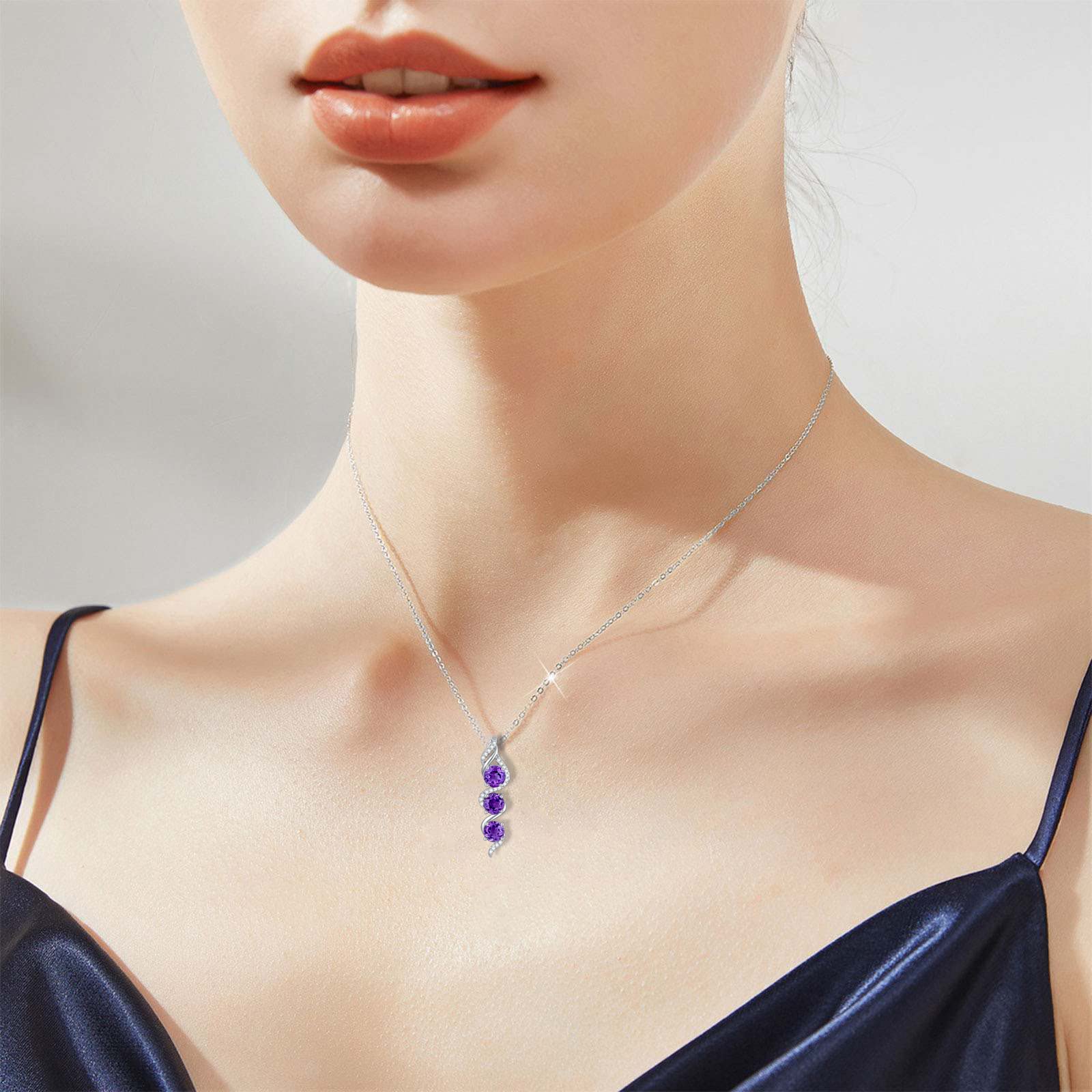 Amethyst Necklace 925 Sterling Silver 5mm Round Natural Crystal Pendant Necklace for Women with 18 inch Chain