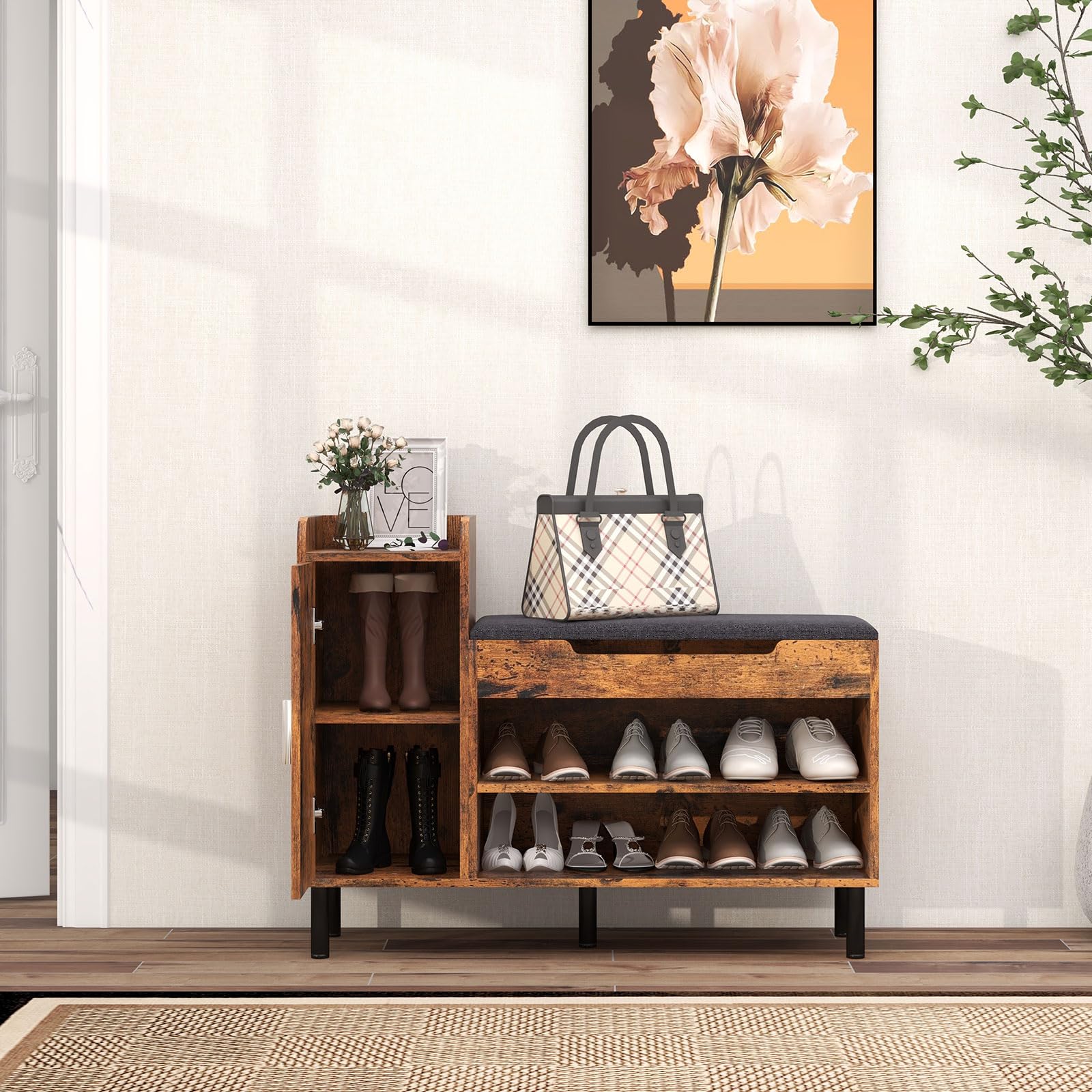 Bonzy Home Shoe Cabinet with Flip Top Storage, 2 Tiers Shoe Storage Bench with Cushion Seat for Entryway, Hallway, Bedroom, Rustic Brown