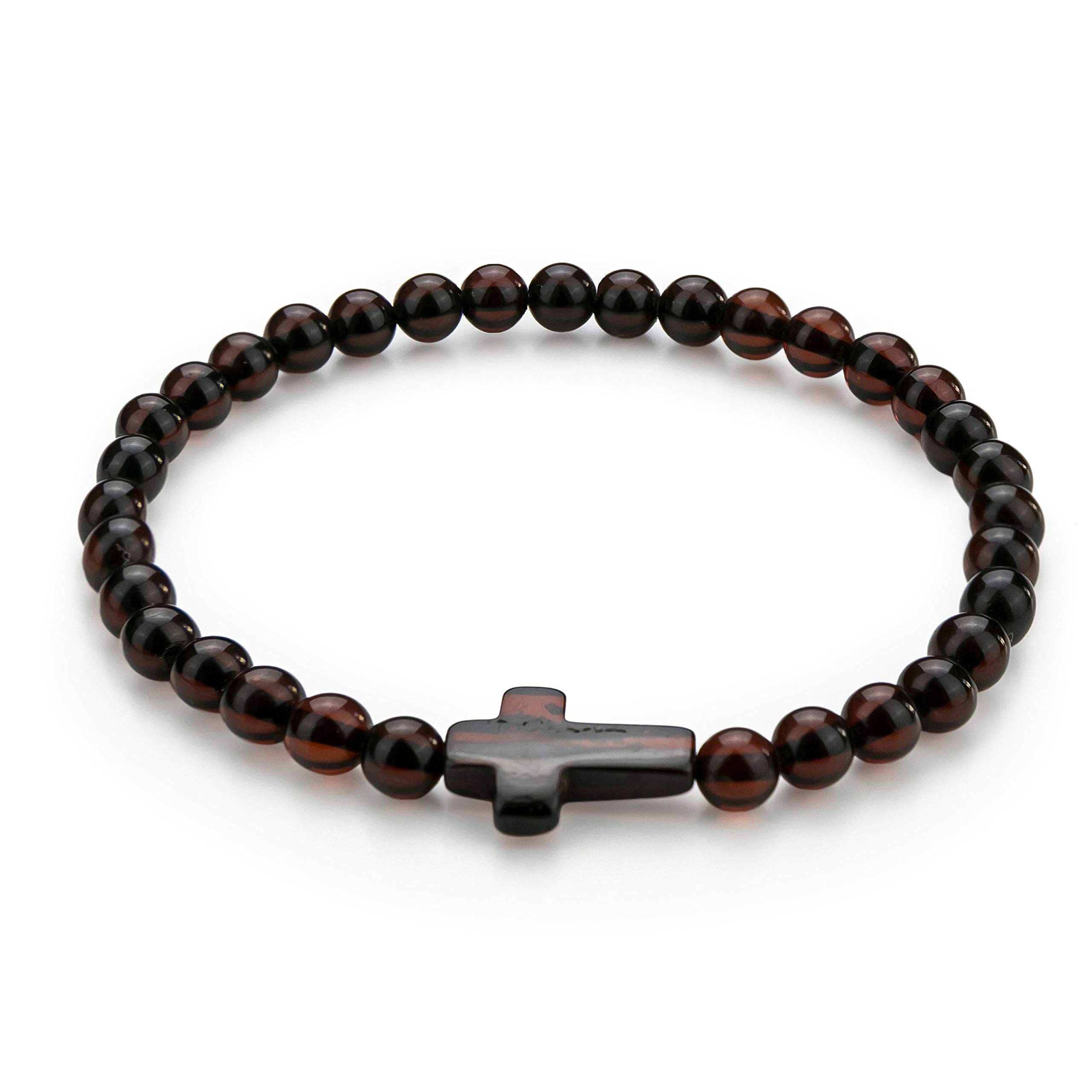 Amber Culture Amber Cross Bracelet - Handmade 5mm Beads 100% Baltic Natural Baltic Amber Stone - Stretch Unisex with Gift Box Dark Cherry Color