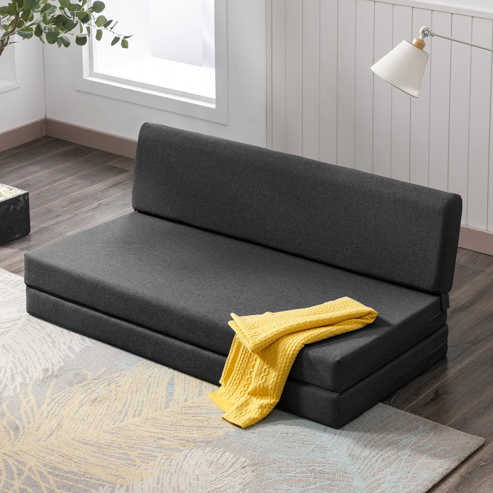 CECER Twin Size Folding Sofa Bed,Twin Bed Mattress Folding Foam Mattress,Upholstered Convertible Floor Mattress,Fold Down Guest Sofa Bed for Living Room/Office/Apartment(Dark Grey)