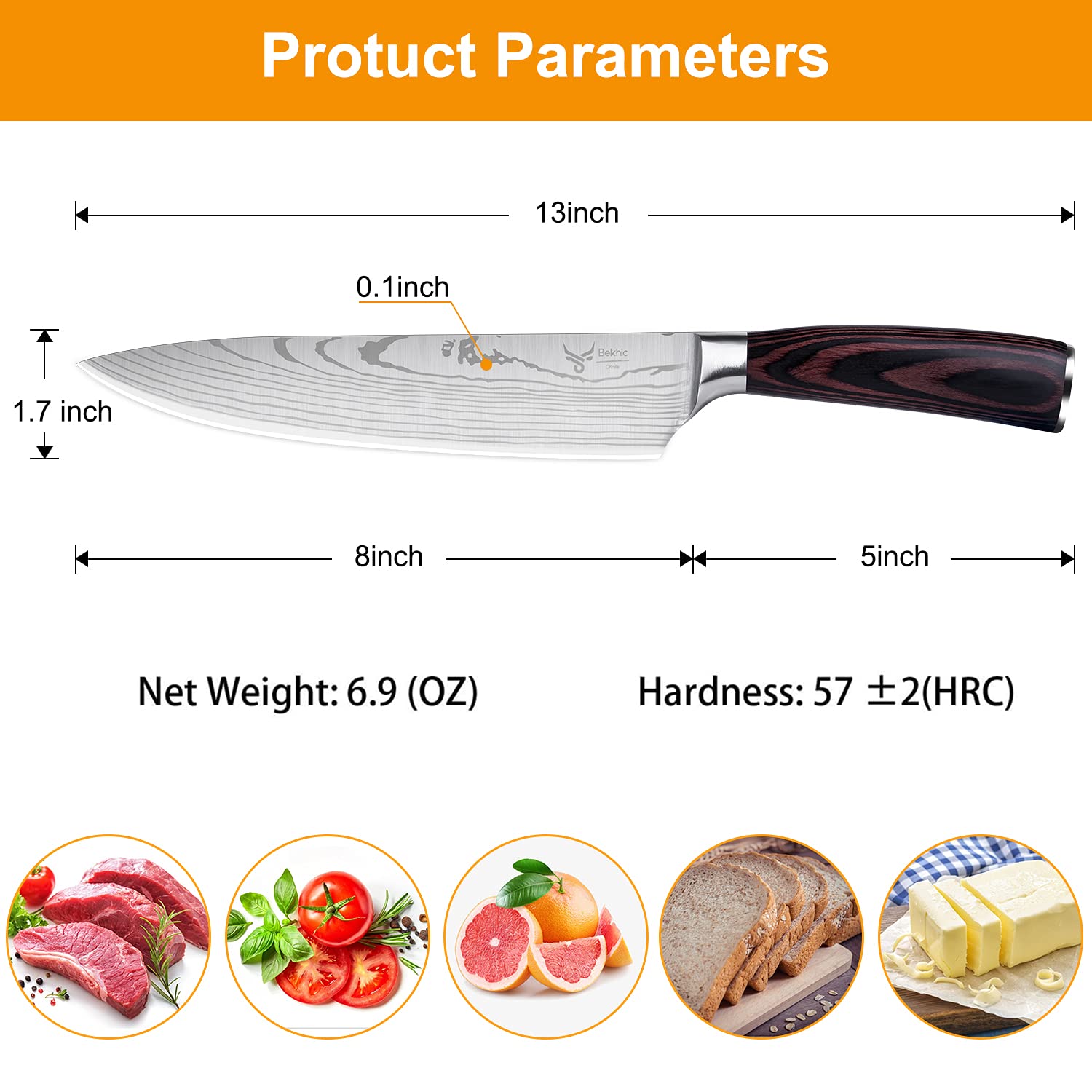 Bekhic Chef Knife - CKnife Pro Kitchen Knife 8-Inch Chef's Knife made of German High Carbon Stainless Steel ,Ergonomic Handle, Ultra Sharp