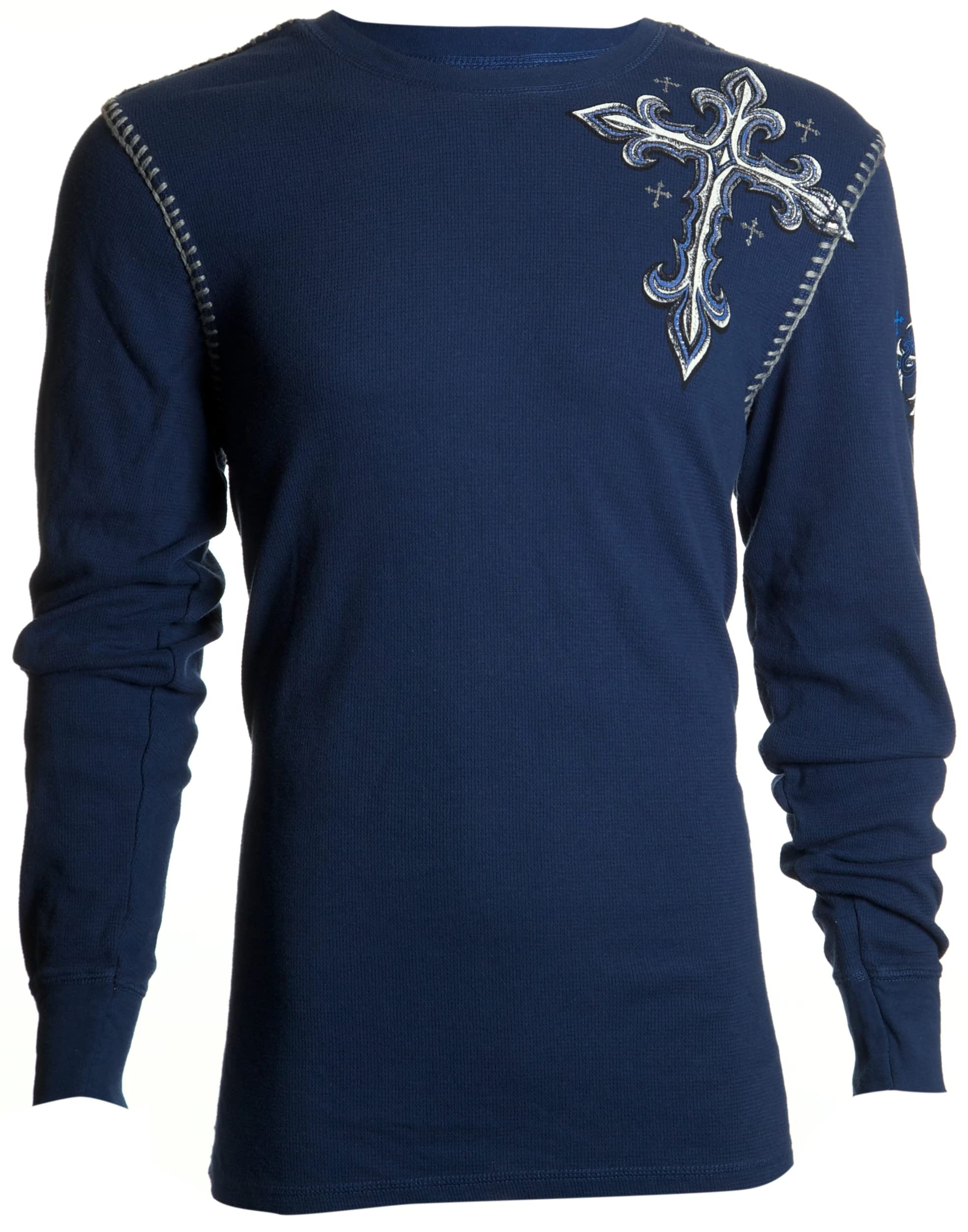 Archaic by Affliction Men's Thermal Shirt Spine Wings Navy M