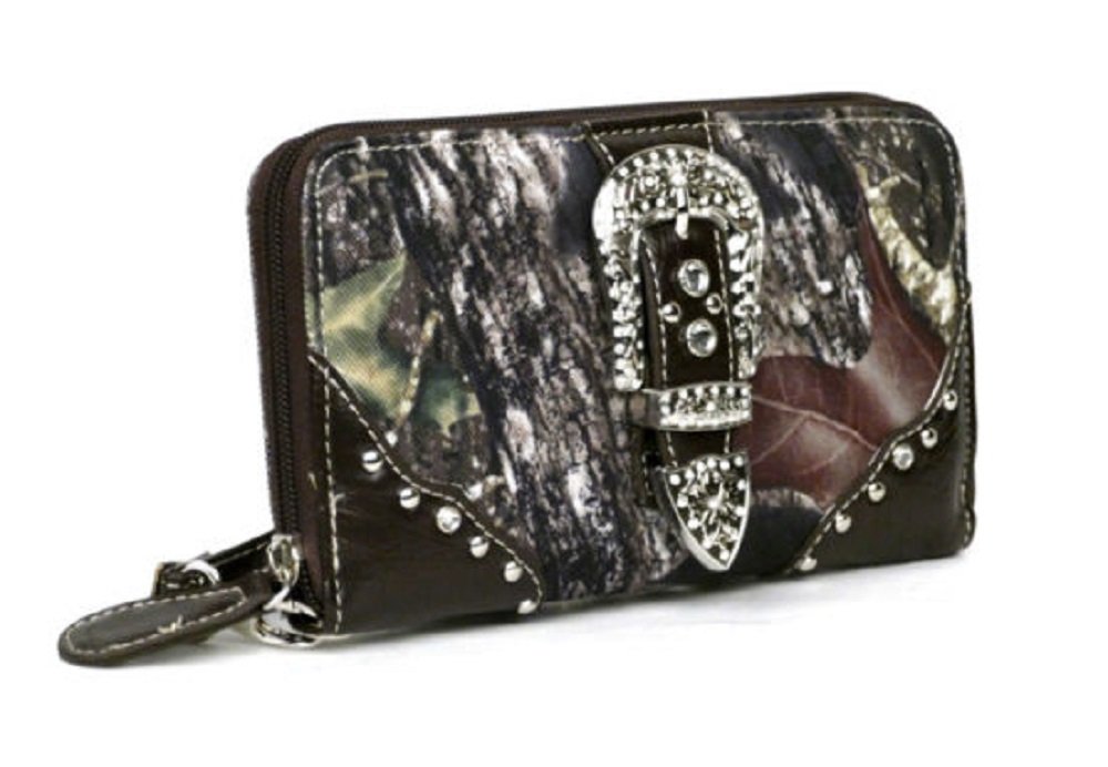 DH JP Camo Bling Rhinestone Belt Buckle Womens Western Zipper Wristlet Wallet (Brown)
