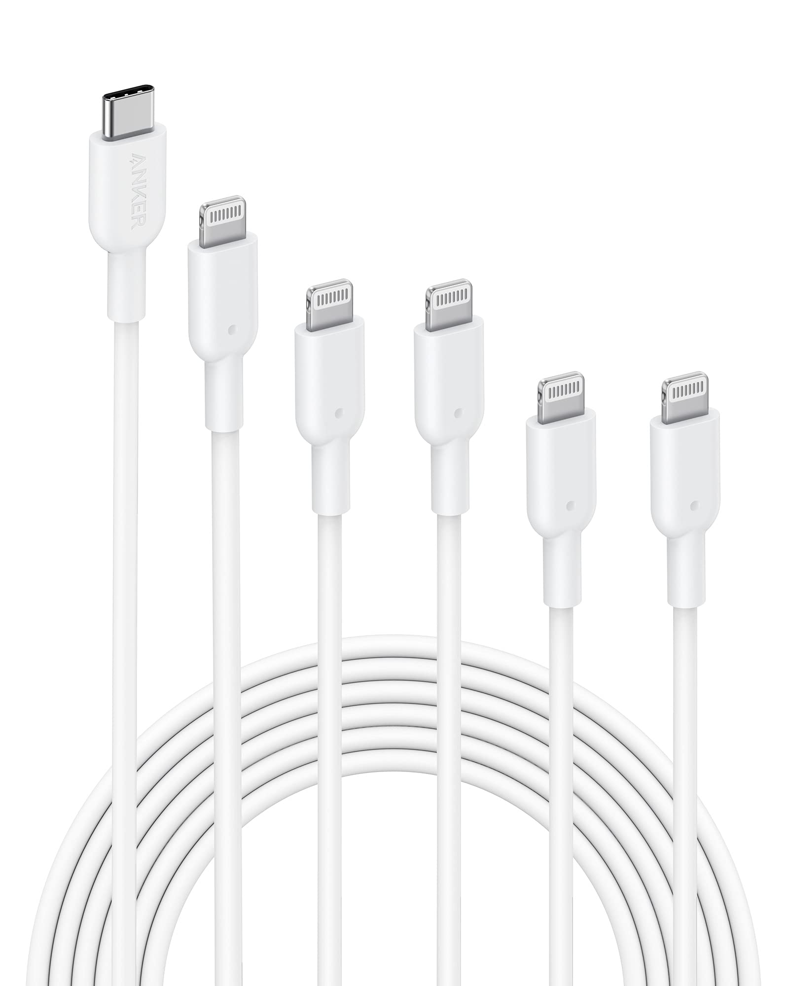 Anker USB-C to Lightning Cable (5-Pack, 3ft*2pack+6ft *2pack+10ft, MFi Certified), Lightning Cable for iPhone 13 13 Pro 12 Pro Max 12 11 X XS XR 8 Plus, AirPods Pro, Supports Power Delivery (White)