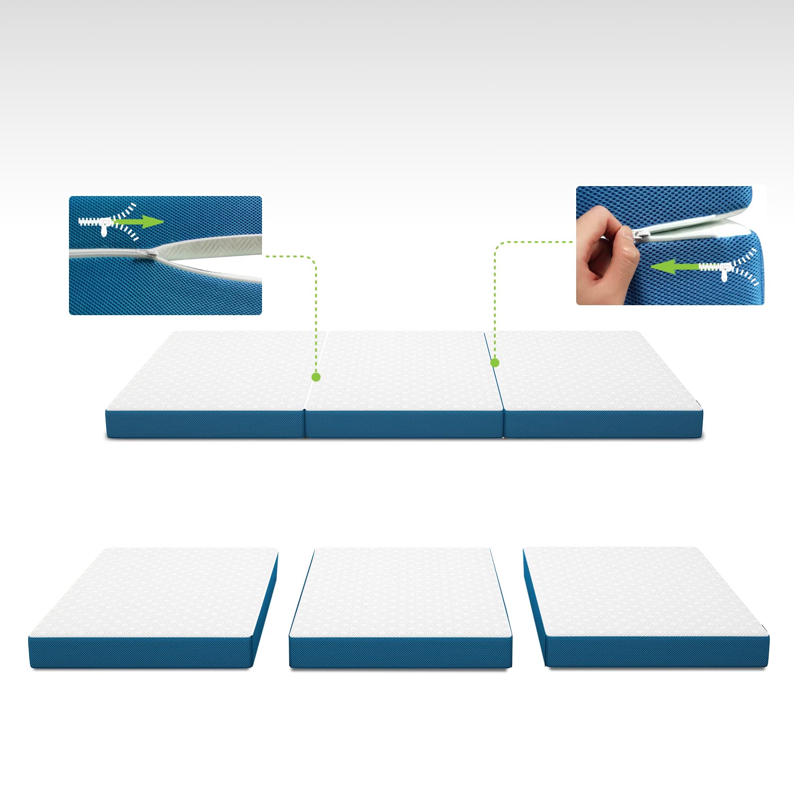 FlexPedic Tri Folding Mattress, Tri-fold Memory Foam Mattress Pressure-Relief, Gel-Infused Foldable Mattress with Washable Cover, Portable Bed Tri Fold Mat RV Bunk Camping, Queen Size 4 Inch