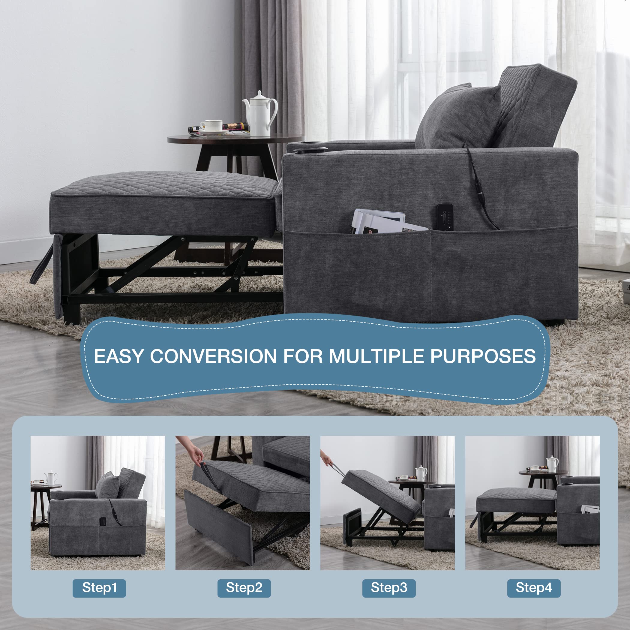 Centilab Sleeper Chair, 3 in 1 Convertible Chair Sleeper with Massage and Heat Pillow, Adjustable Recliner Chair Multi-Functional Massage Chair Recliner for Drawing Room,Bedroom, Office (Grey)