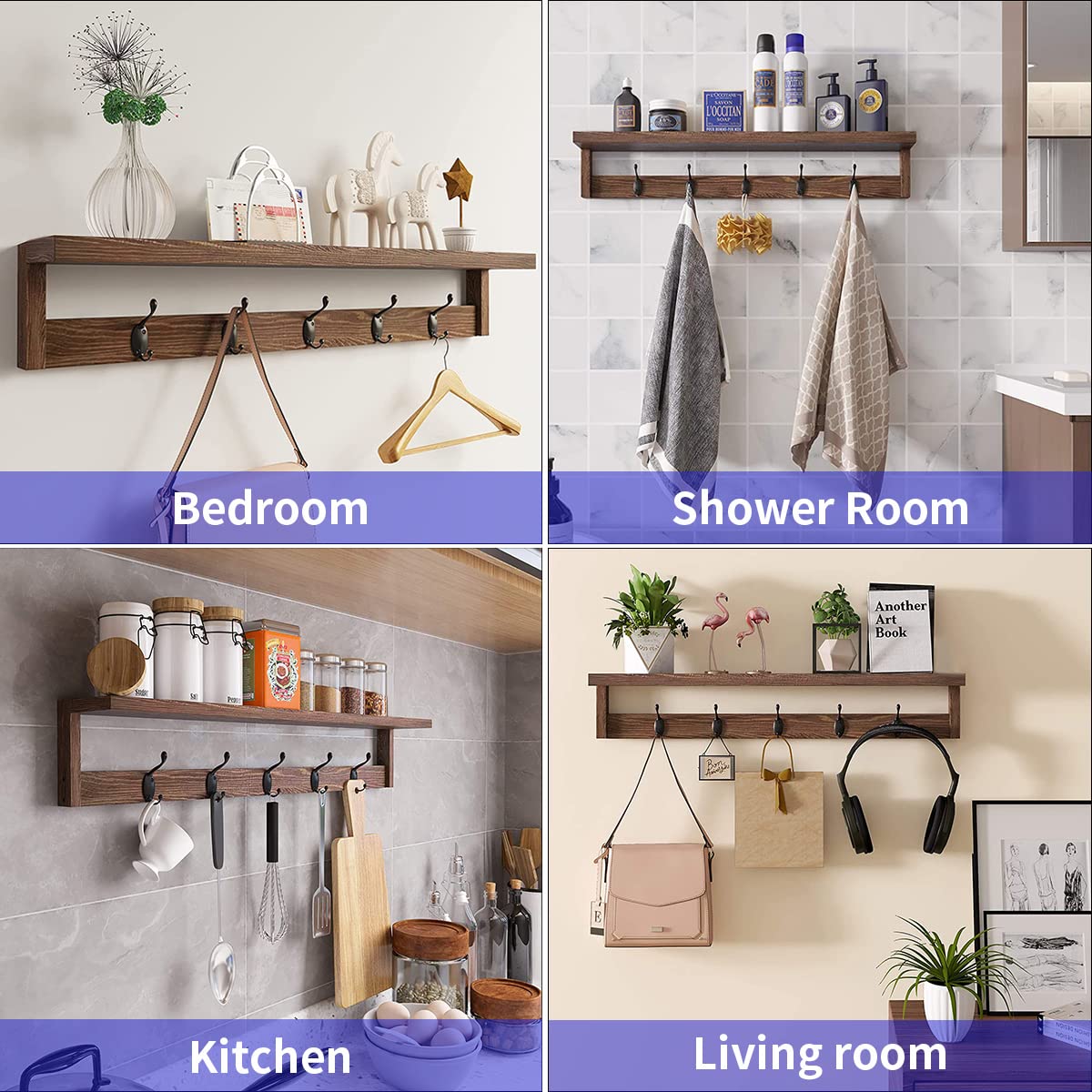 BEIUTAO 2 Pack Coat Rack Wall Mount with Shelf, Wood Wall Coat Rack with Hooks, Coat Hanger Wall Mount, Entryway Shelf for Clothes, Hats, Towel, Purse, for Living Room, Bedroom, Bathroom, Rustic Brown