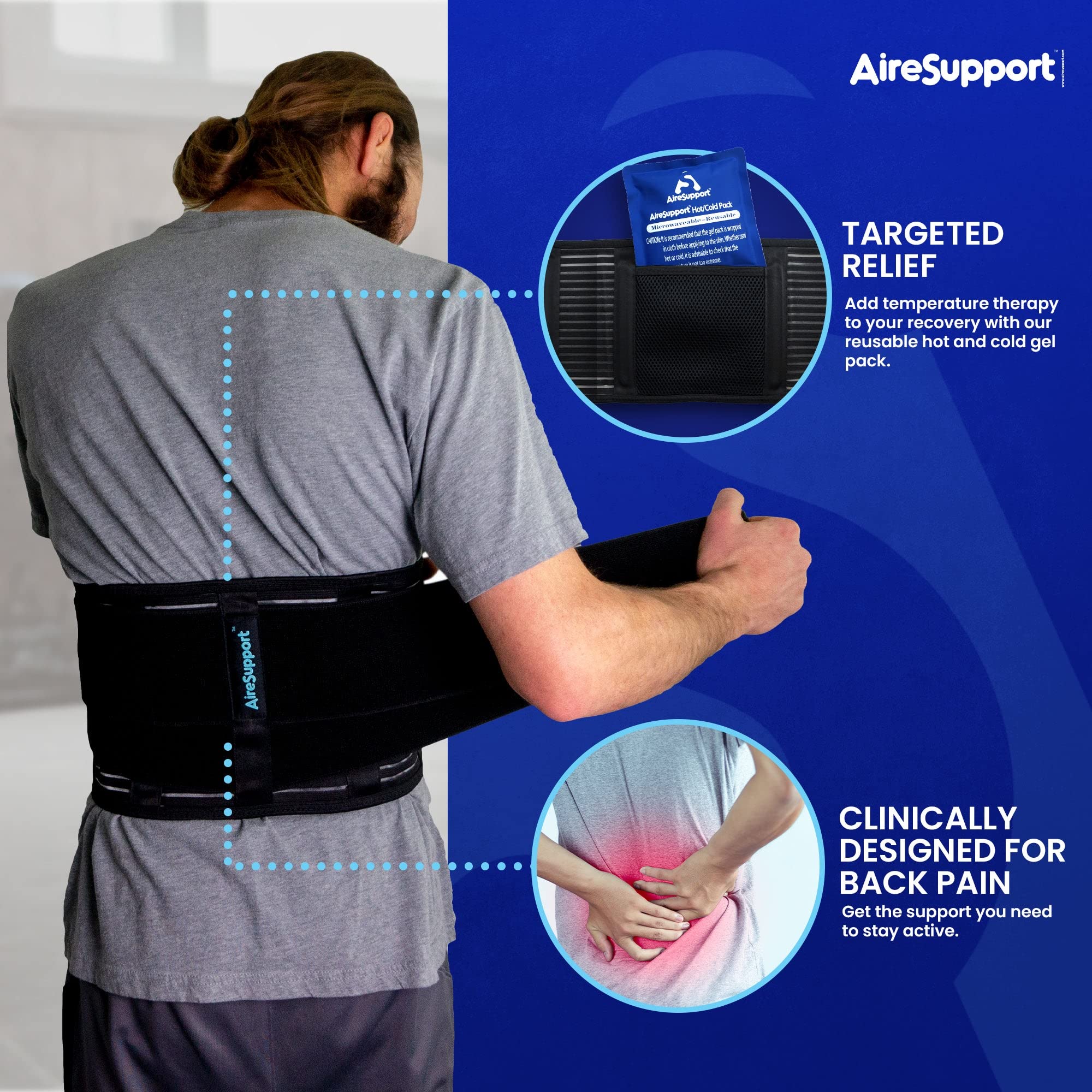 AireSupport Back Brace Lumbar Support with Reusable Ice/Hot Pack and Removable Lumbar and Back Brace - Soft Lumbar Back Brace - Lower Back Brace by Dr. Jason Hammond (S/M)