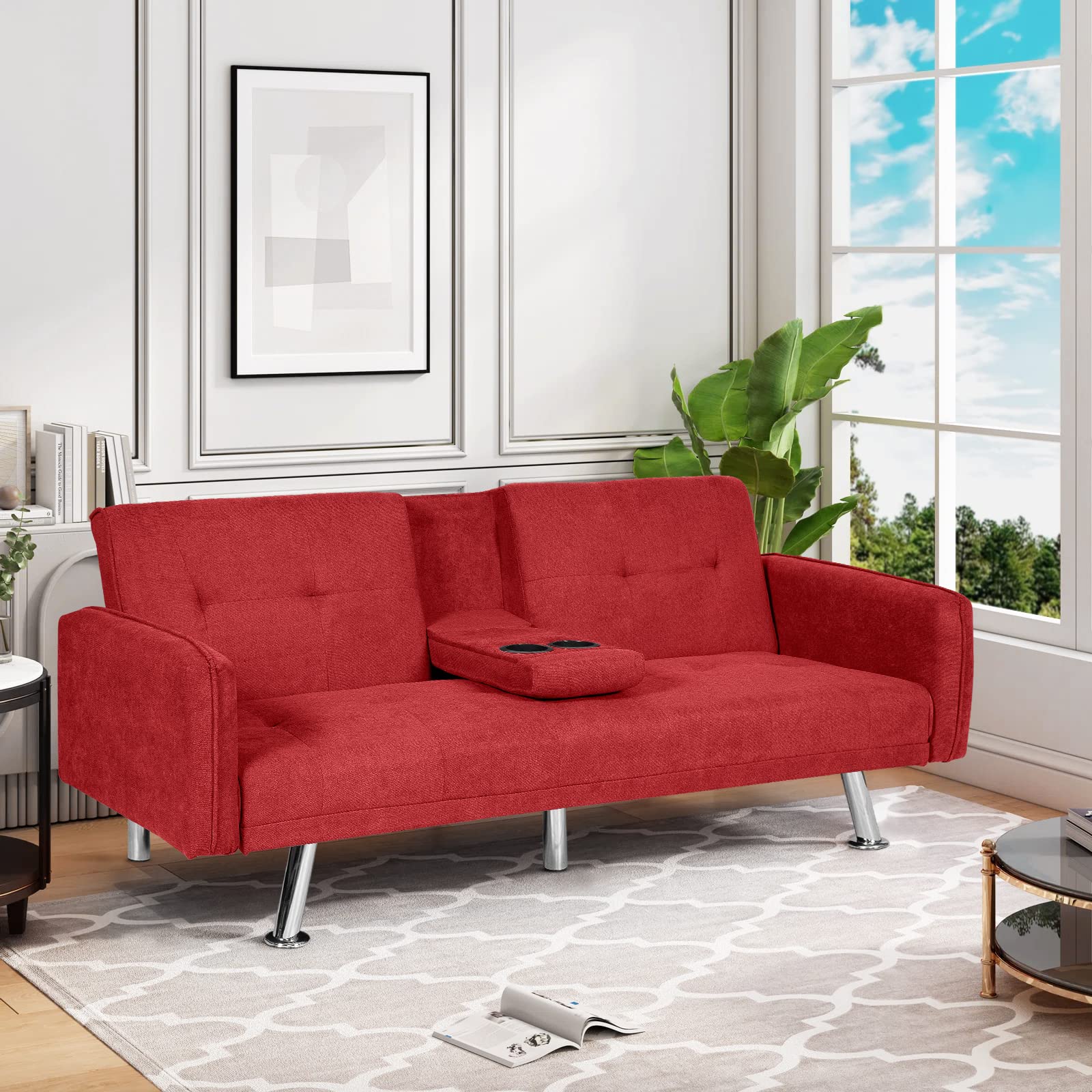 AWQM Futon Sofa Bed,Modern Upholstered Convertible Folding Sleeper Sofa,Recliner Futon Couch Bed with Armrests 2 Cup Holders,for Living Room,Apartment,72.4" L x 18.5" D x 29.9" H,Red