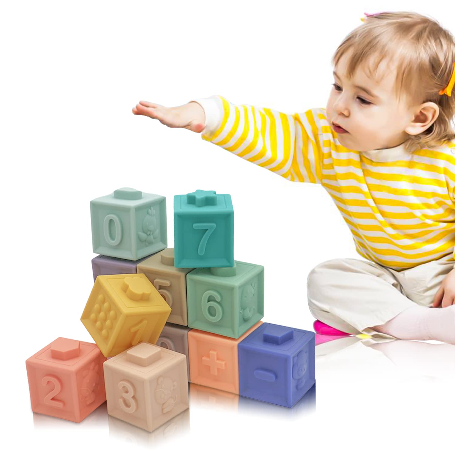 Kcuina Baby Blocks, 12 pc - Soft Stacking Building Blocks - Toy 6 to 12 Months Toddlers Boys & Girls- Squeeze & Play - Educational Toy for 6 Months and Up - Numbers, Animals, and Textures