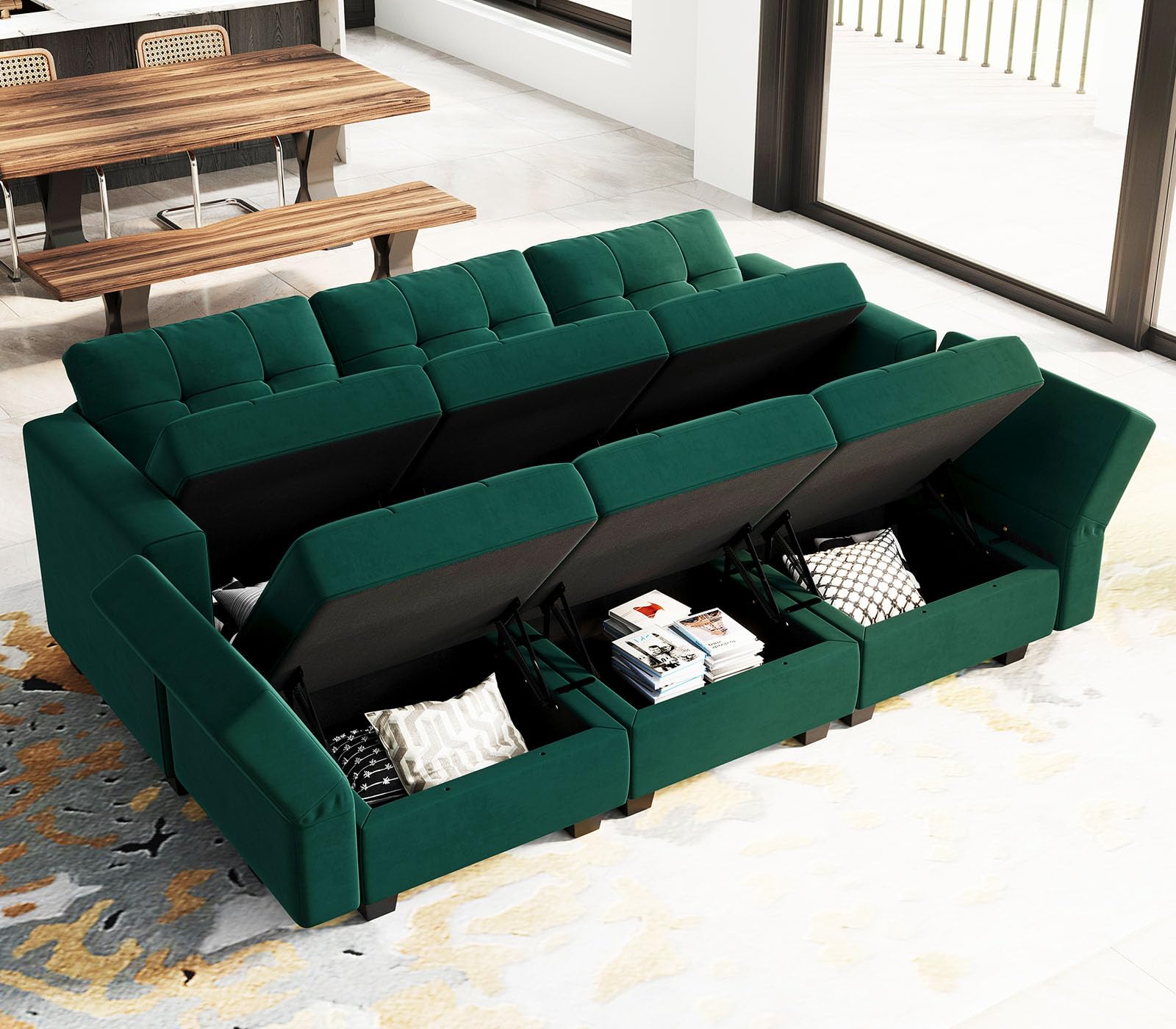 Belffin Modular Sectional Sofa with Storage Seats Velvet Fabric Sleeper Couch with Chaise and Ottomans 6 Seat Modular Sofa Bed Set Green