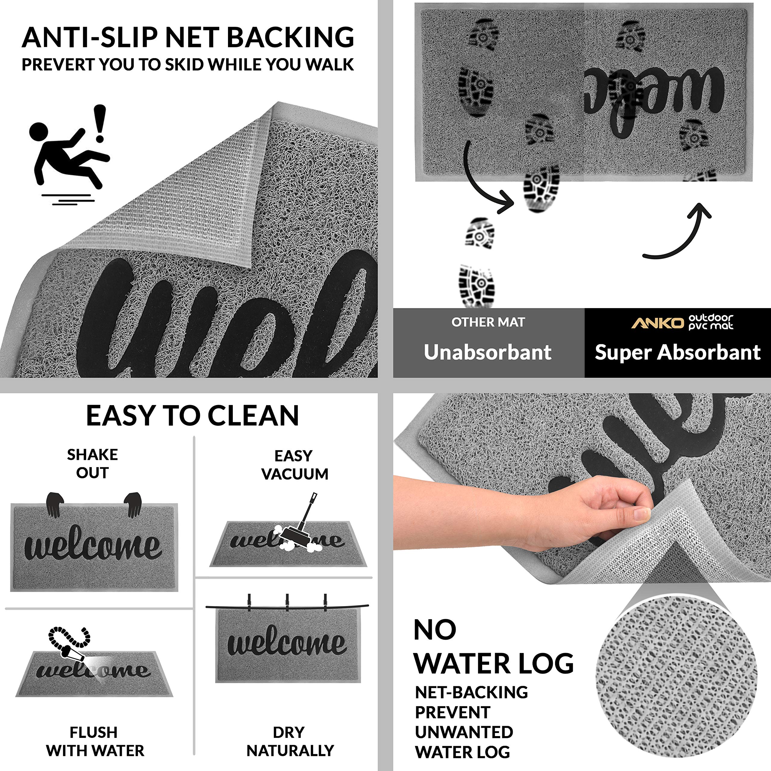 ANKO PVC Super Absorbent Outdoor Welcome MAT(30x18 inches) – Non-Slip Net Backing, Heavy Duty, Waterproof, Easy Clean, Low Profile Mat for Entry, Dust Trapper, Eco-Friendly