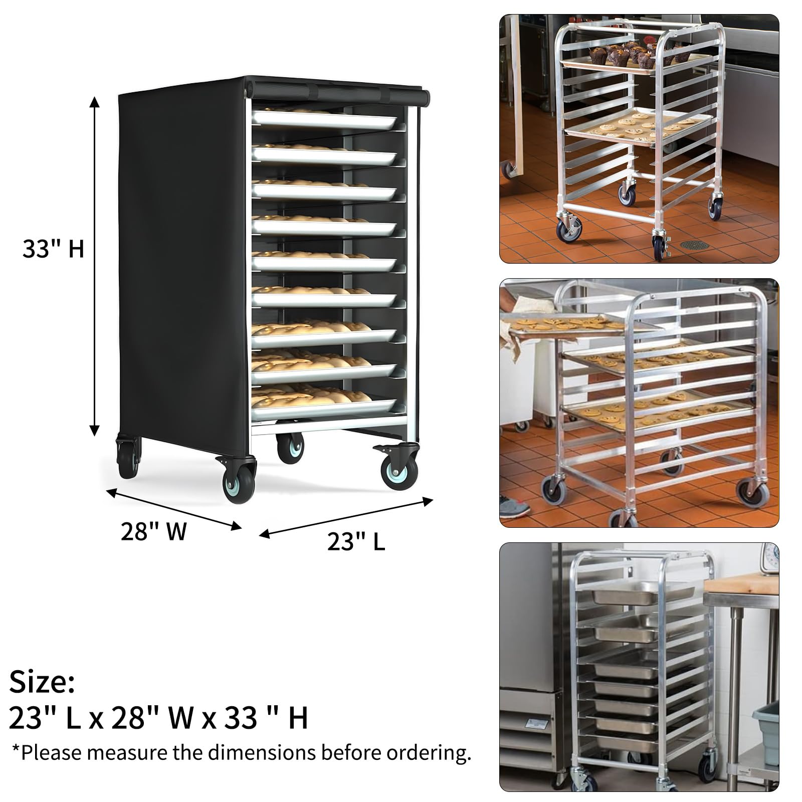 Roasivi Black Bread Pan Rack Cover Bakery Rack Cover With Zipper- 23x28x64in - waterproof and dustproof. (28" L x 23" W x 61" H, black)