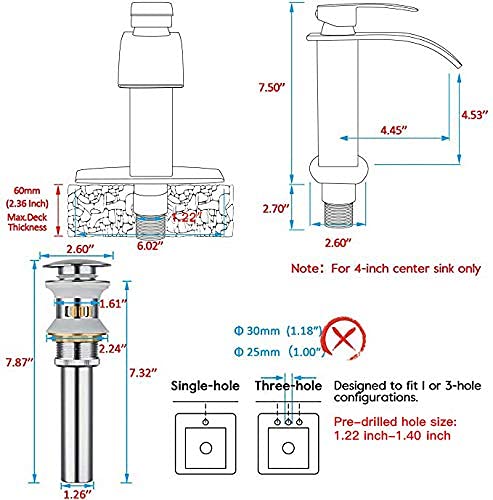 Brass Waterfall Bathroom Faucet Single Handle Bath Vanity Sink Faucet Chrome Commercial Basin Mixer Faucet with Pop Up Drain Stopper Overflow Supply and Deck Mounted (Chrome)