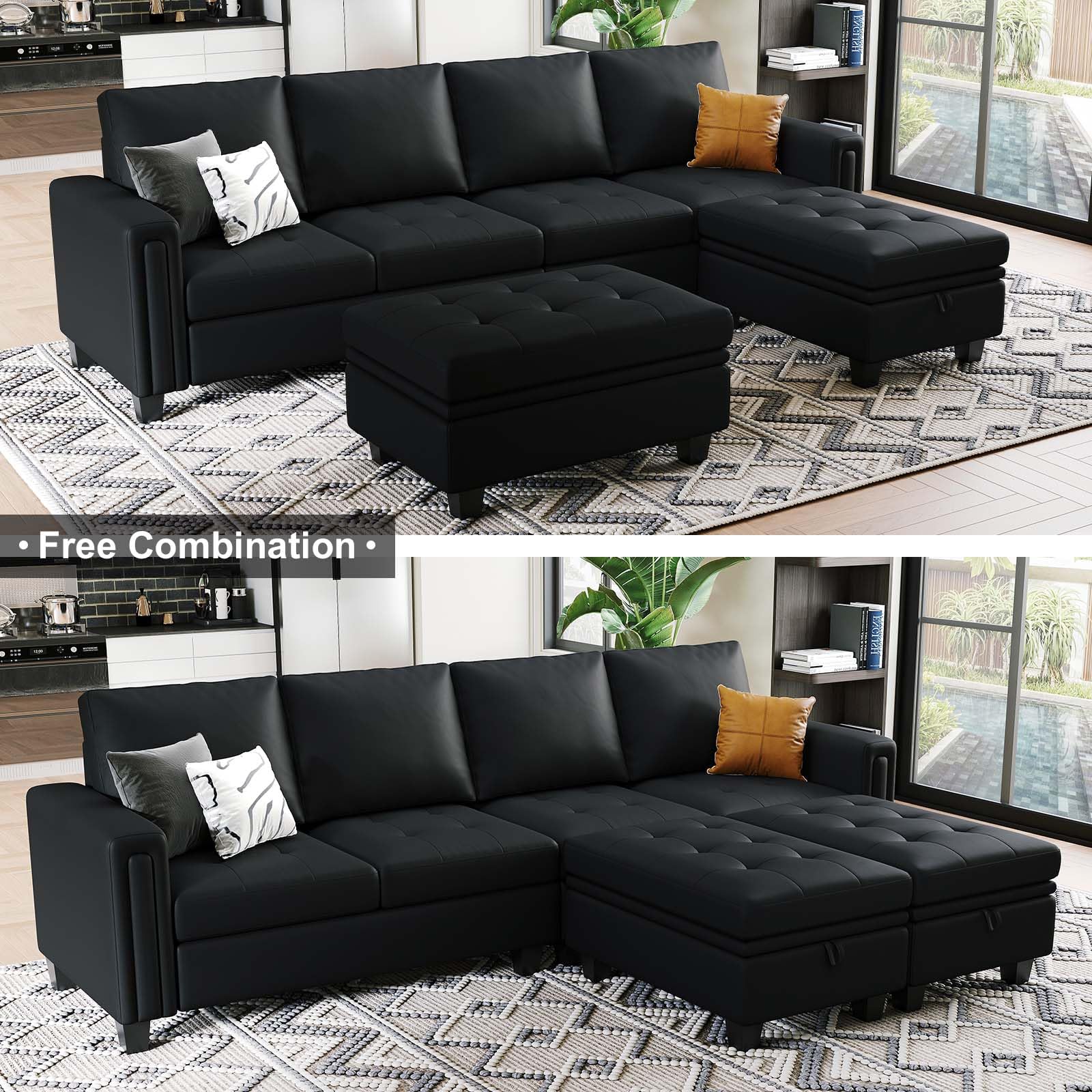 Belffin Faux Leather U Shaped Sectional Sofa Couch with Storage Ottoman Leather Convertibel Sectional Sofa with Reversible Chaises Black