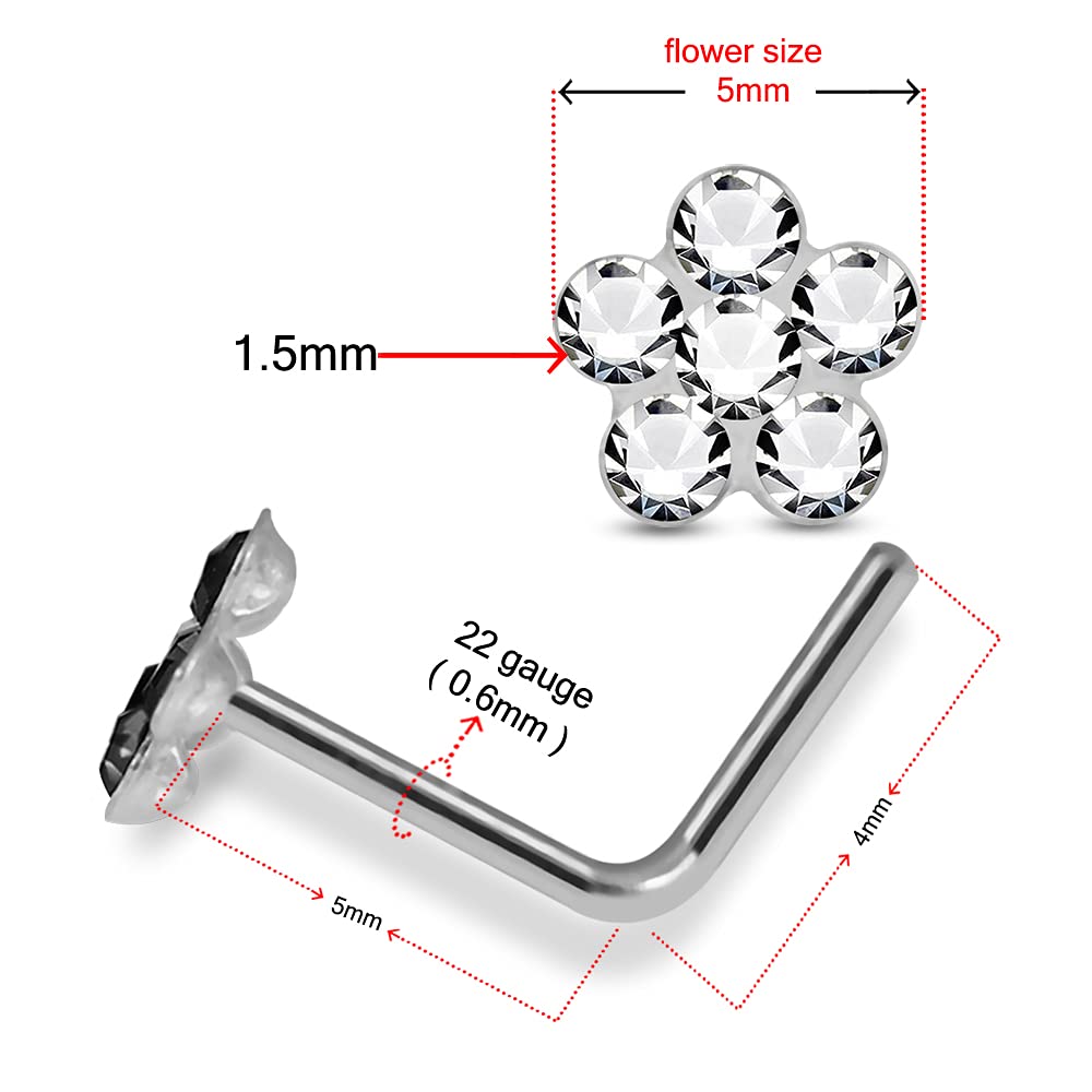AtoZ Piercing 20 Pieces Box Set of Multi Crystal Stone Flower Top Sterling Silver L Bend Nose Stud Jewelry