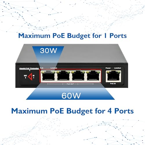 PoE Extender with Gigabit Speeds & Passthrough Switch, 48V 60W PoE+, 1 PoE++ in and 4 PoE Out, IEEE802.3af/at/bt, 6KV Surge Protection, No Power Needed