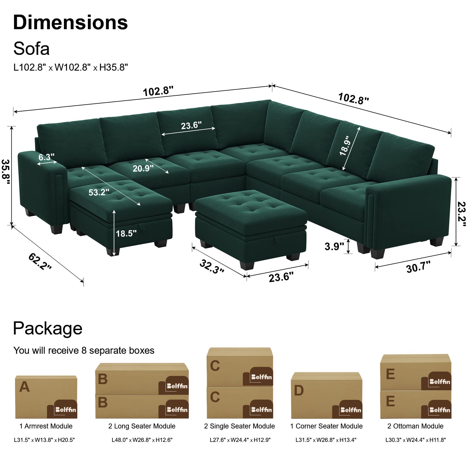 Belffin Oversized Velvet Modular 8-Seat Sectional Sofa Set with Storage Ottoman U Shaped Couch Set Modular Sectional Convertible Sofa Couch with Reversible Chaise Corner Sofa Couch Set Green