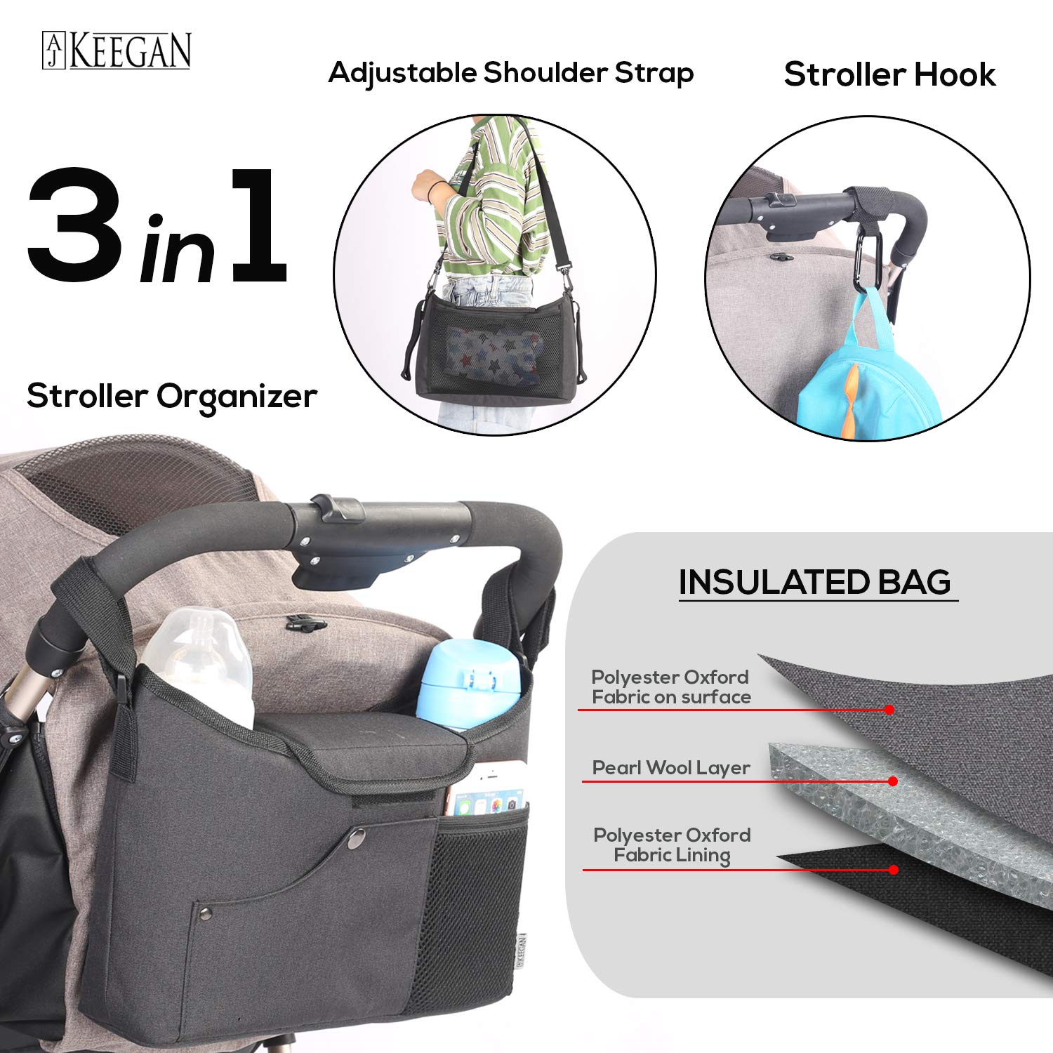 AJ KEEGAN Universal Baby Stroller Organizer with Cup Holders - The Only Stroller Accessory You Need - Universal Stroller Organizer Bag Includes Shoulder Strap & Stroller Hook - for Baby Shower Gifts