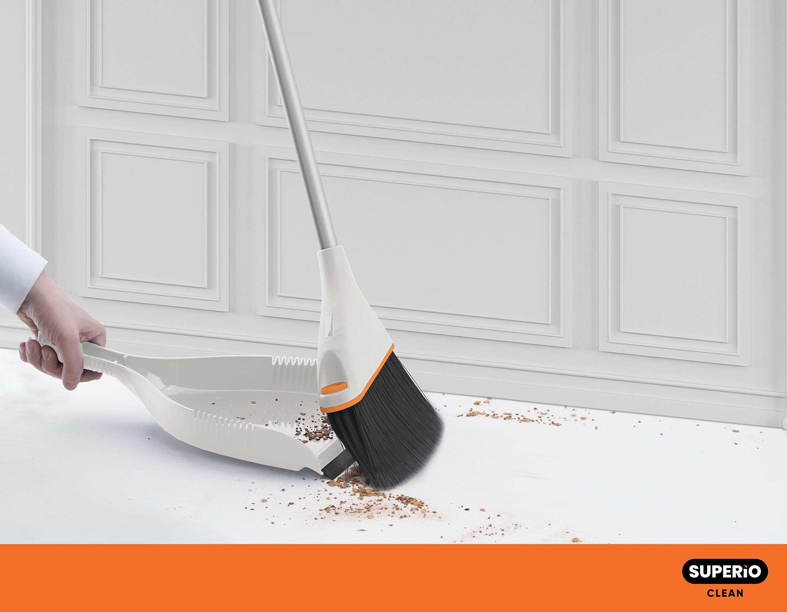 Angle Broom with Dustpan Set, Sharply Angled Bristles to Reach Narrow Spaces, Clip On Dust Pan Included