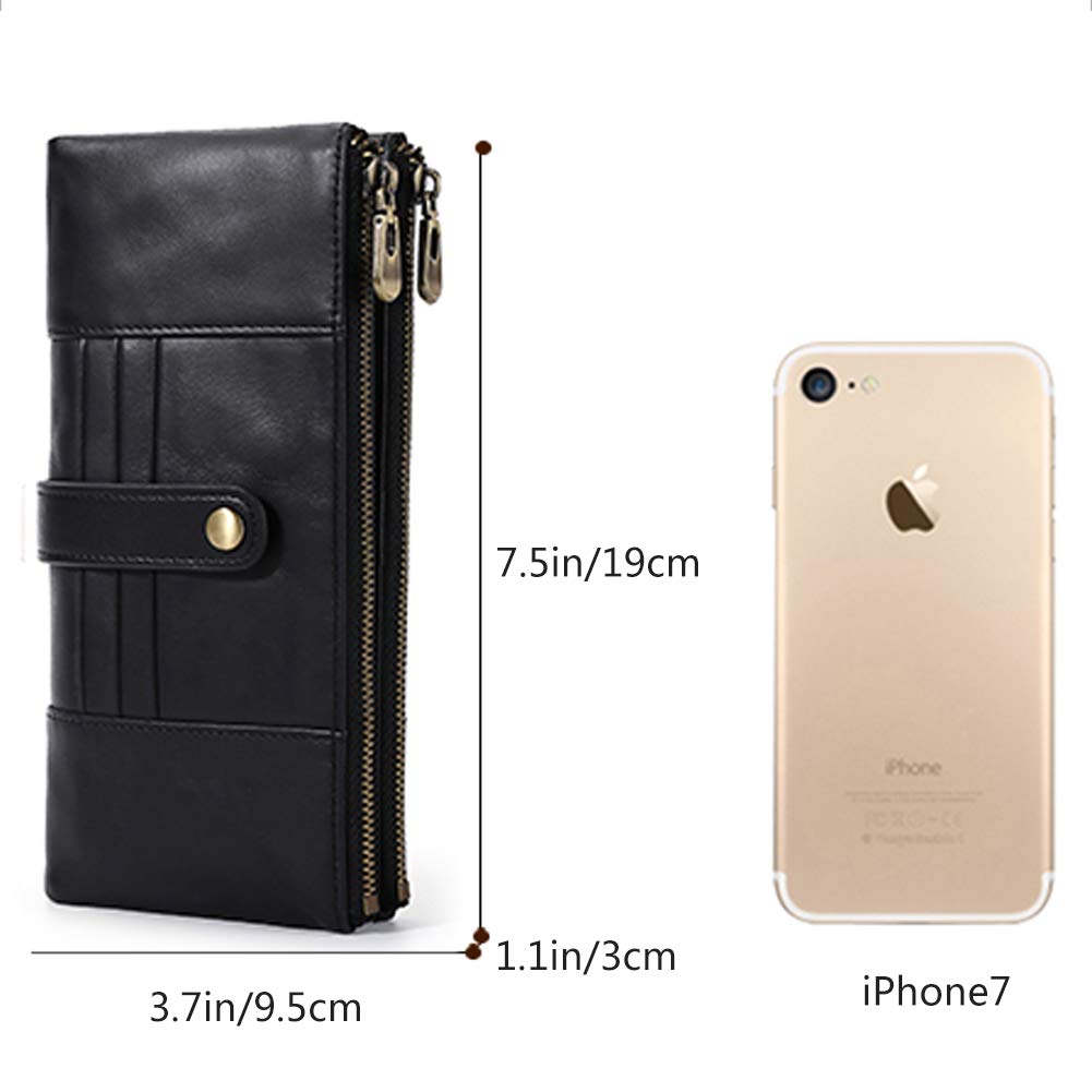 KELEEL Womens RFID Wallets Slim Cow Leather Large Capacity Bifold Purse Multi Card Case Wallet with Dual Zipper Pockets (Black)