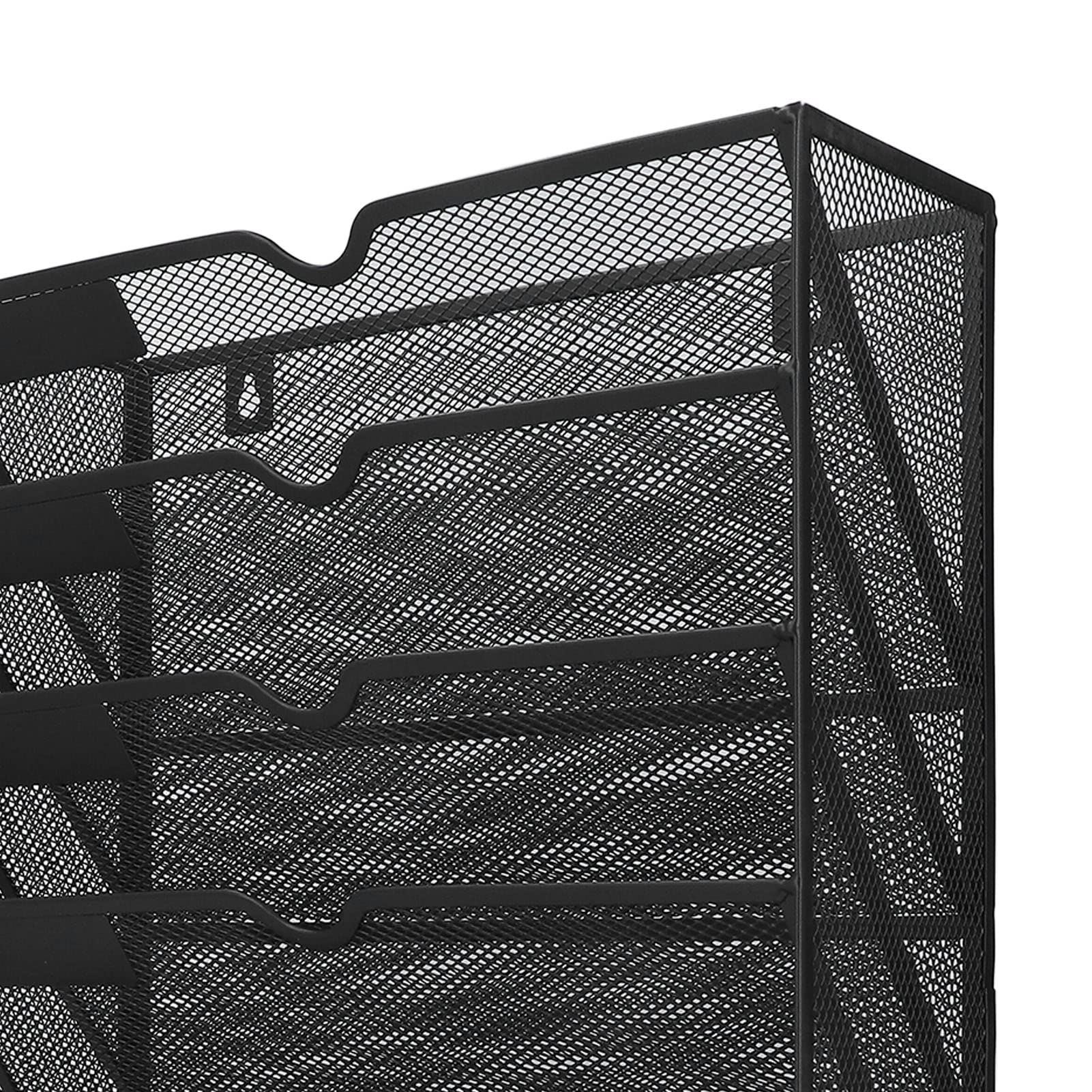 Asixxsix Hanging Wall File Organizer, 5 Pockets Metal Mesh Wall Mounted Paper Magazine Rack with Bottom Flat Tray Heavy Duty File Document Organizer for Home Office Classroom Wall File Holder