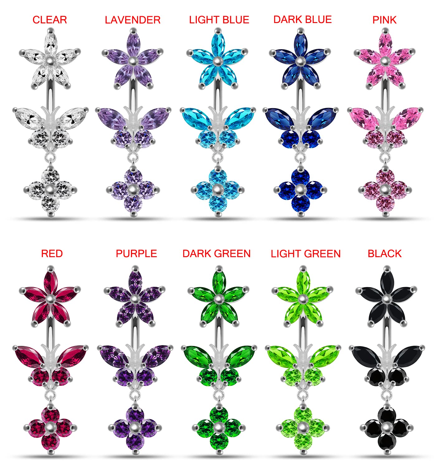 AtoZ Piercing Black CZ Stone Butterfly with Flower Dangling 925 Sterling Silver Double Side Belly Button Ring Jewelry