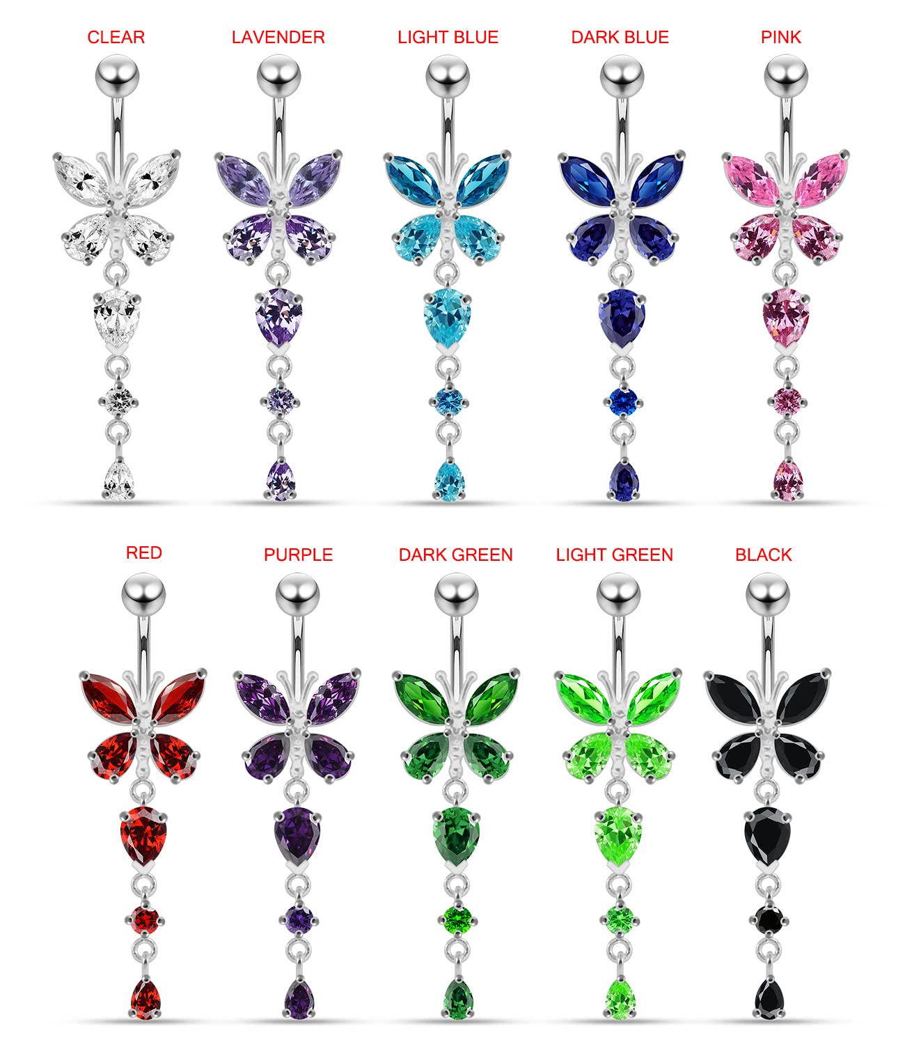 AtoZ Piercing Light Blue Crystal Stone Fancy Butterfly Dangling 925 Sterling Silver with Stainless Steel Belly Button Rings