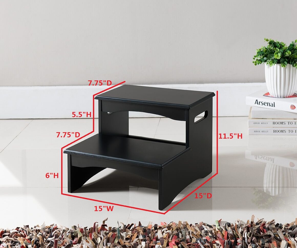 KB Designs - 2 Step Wood Step Stool for Kitchen, Bathroom, Bedroom, Living Room, Black