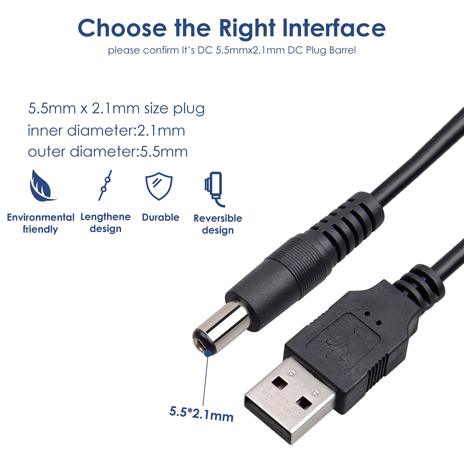 Onite 2pcs USB to DC 5.5x2.1mm Power Cable, 20AWG 3.3ft Barrel Jack Center Pin Positive Charger Cord for Led and Peripheral Products