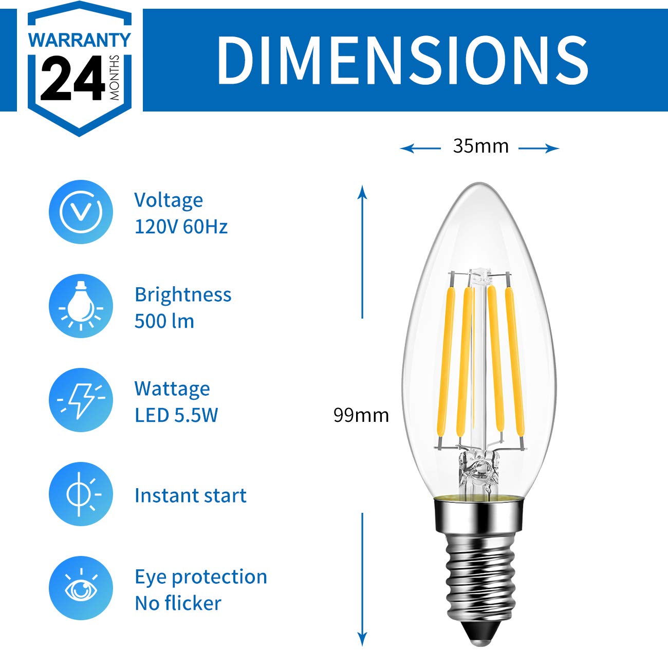 ANWIO B11 LED Filament Bulb E12 Candelabra Medium Base 2700K Warm White, 5.5W(60W Equivalent) 500 Lumens Non-Dimmable Decorative Candle Light Bulb, Pack of 6