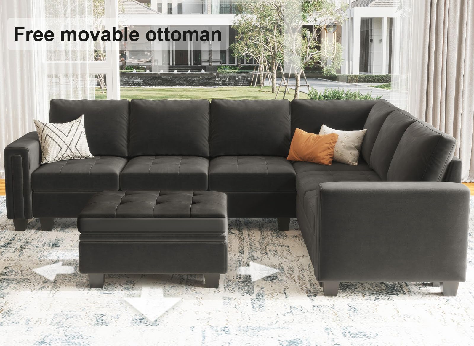 Belffin Velvet Modular Sectional Sofa with Storage Ottoman 6 Seater L Shaped Sectional Modular Sofa Couch with Reversible Chaise Convertible Corner Sectional Couch Grey