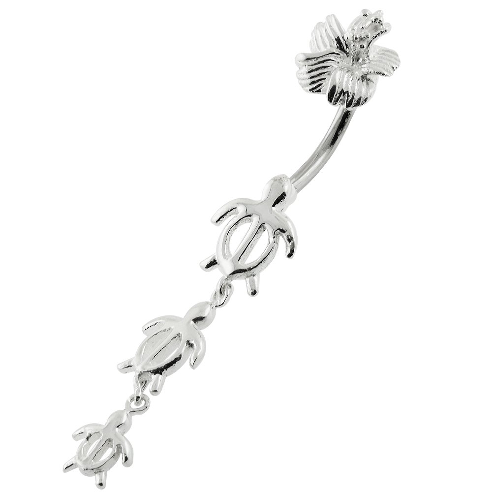 AtoZ Piercing Plain Hibiscus Flower with Triple Turtle Dangling Sterling Silver Double Side Belly Button Ring Jewelry