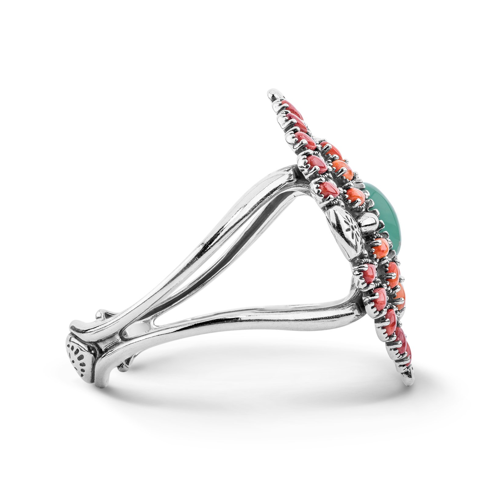 American West Sterling Silver Green Turquoise, Orange and Red Spiny Oyster Shell Gemstone Cuff Bracelet Size Medium
